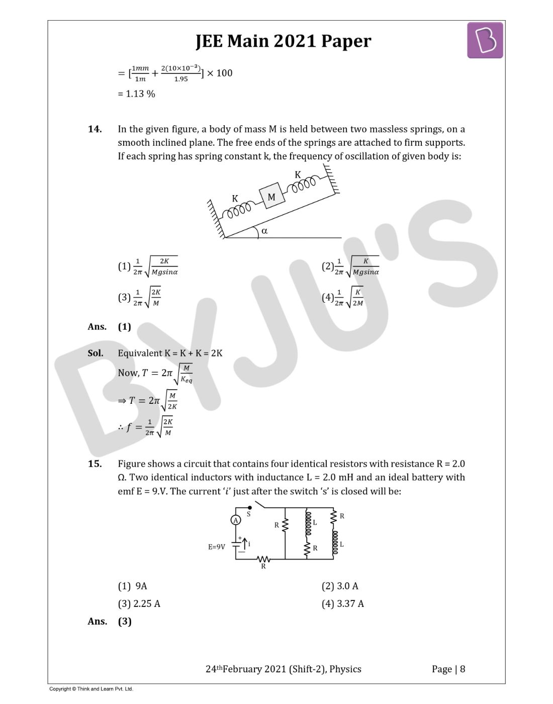 JEE Main 2021 Physics Paper With Solutions - Session Feb 24 Shift 2