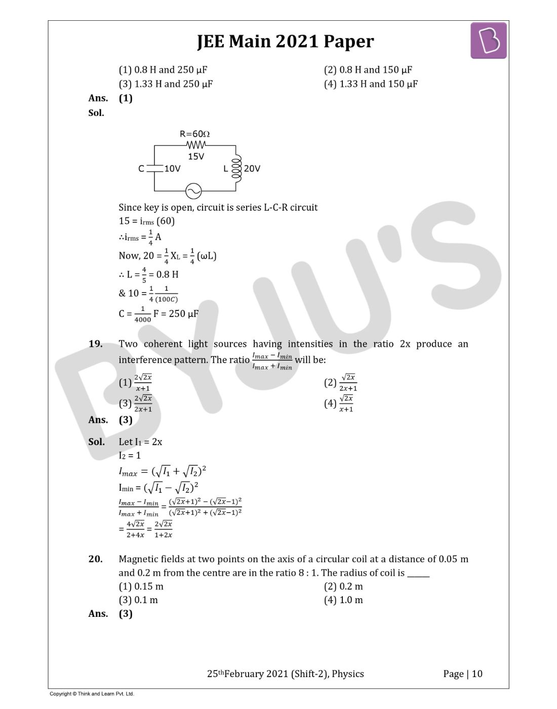 JEE Main 2021 Physics Paper With Solutions - Session Feb 25 Shift 1