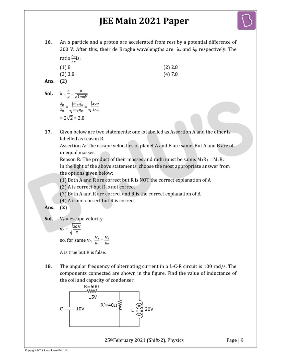 JEE Main 2021 Physics Paper With Solutions - Session Feb 25 Shift 1