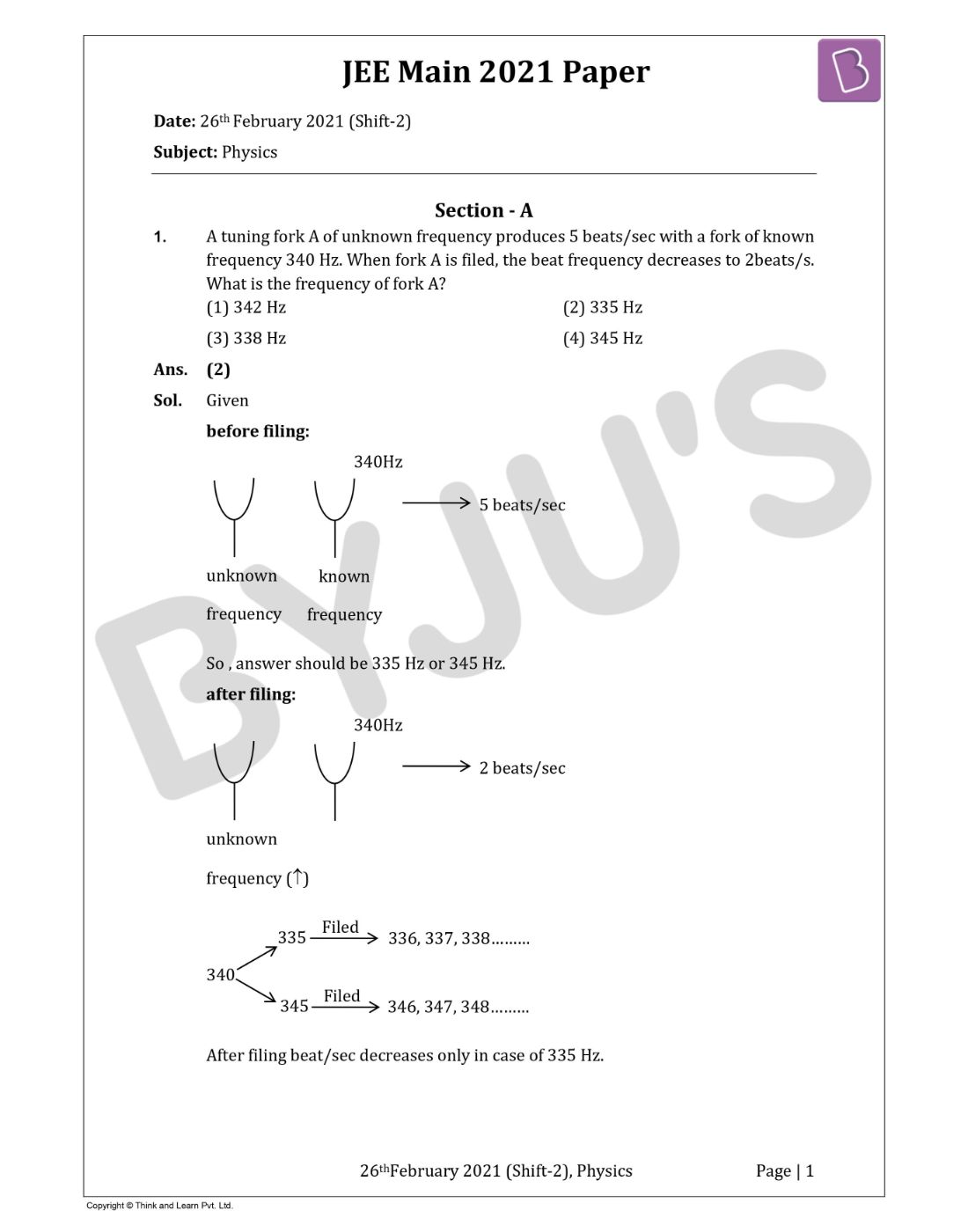 JEE Main 2021 February 26 Shift 2 Physics Question Paper with Solutions