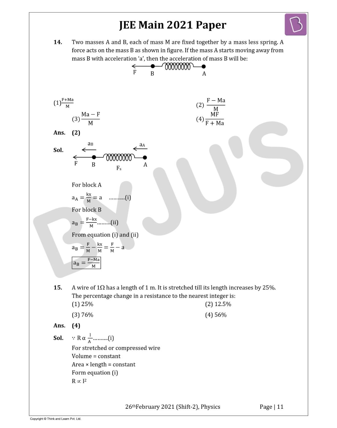 JEE Main 2021 February 26 Shift 2 Physics Question Paper with Solutions