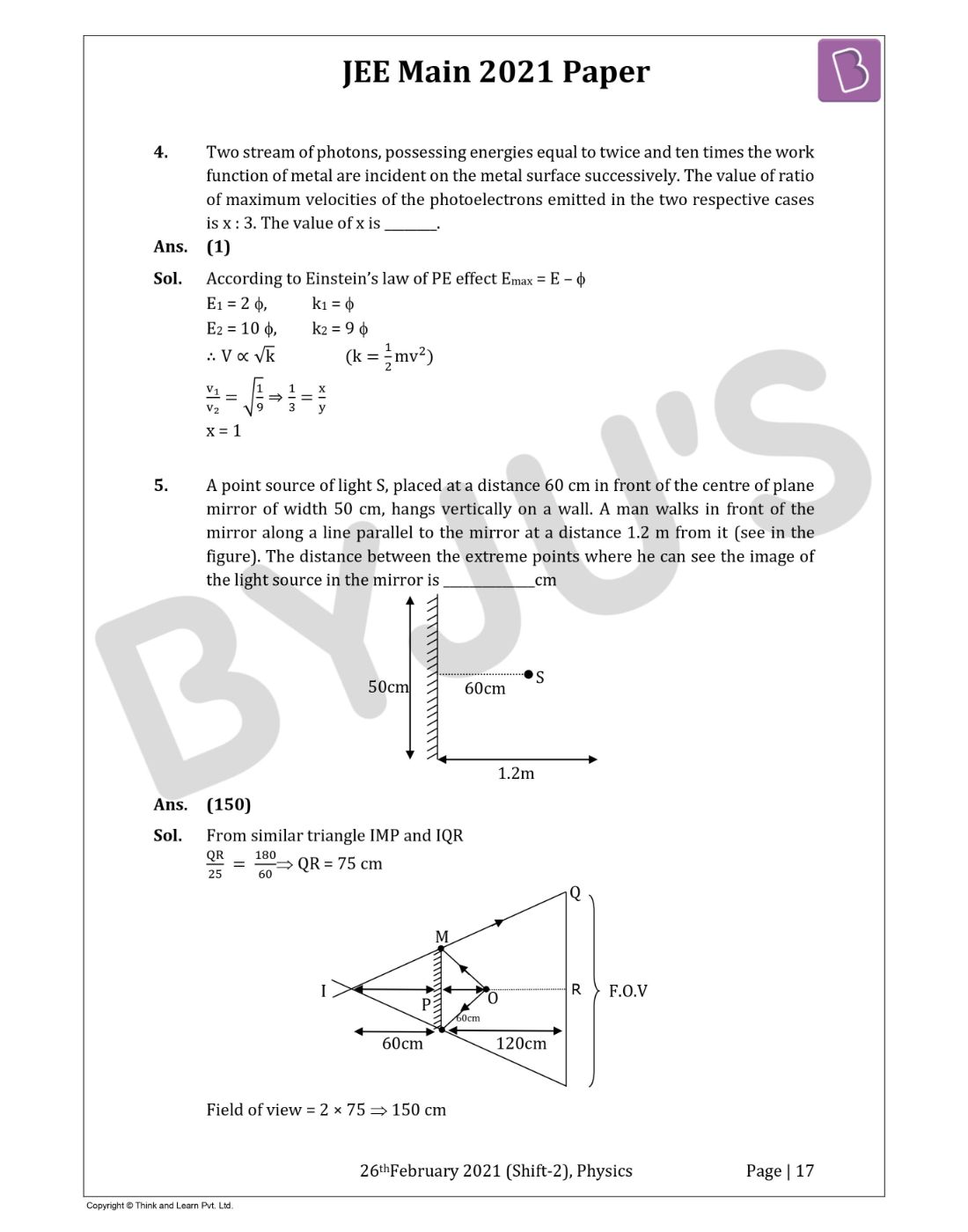JEE Main 2021 February 26 Shift 2 Physics Question Paper with Solutions