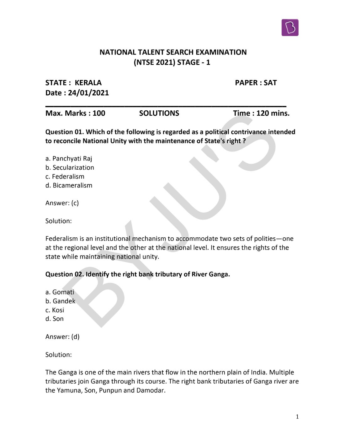 Kerala 2020-21 NTSE Stage 1 Answer Key & Question Paper With Solutions