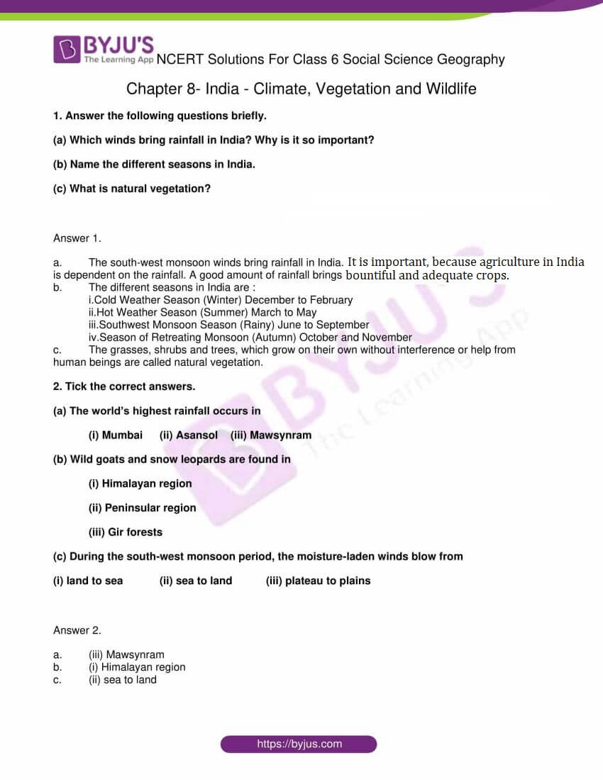 NCERT Solutions For Class 6 Geography Social Science Chapter 8 India ...