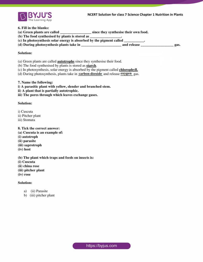 Ncert Solutions For Class 7 Science Chapter 1 Nutrition In Plants Ncert 
