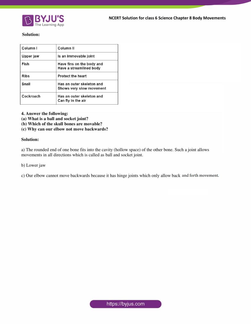 NCERT Solutions for Class 6 Science Chapter 8 Body movements - Free PDF