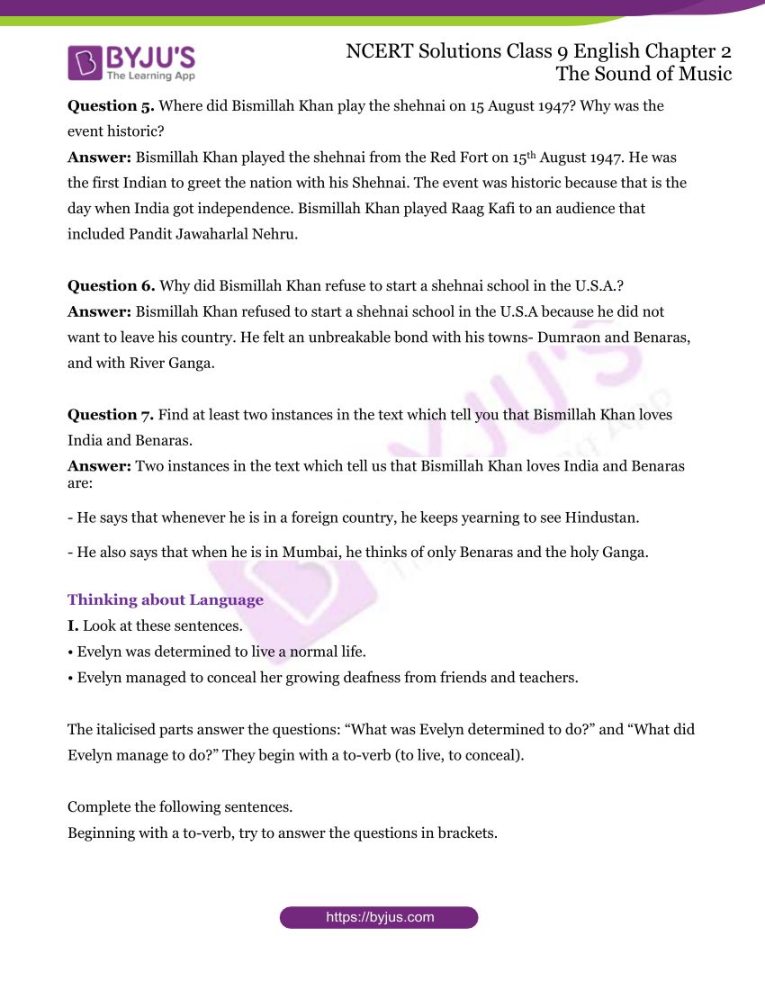 NCERT Solutions For Class 9 English Beehive Chapter 2 The Sound Of NCERT Solutions For Class 9 English Beehive Chapter 2 The Sound Of