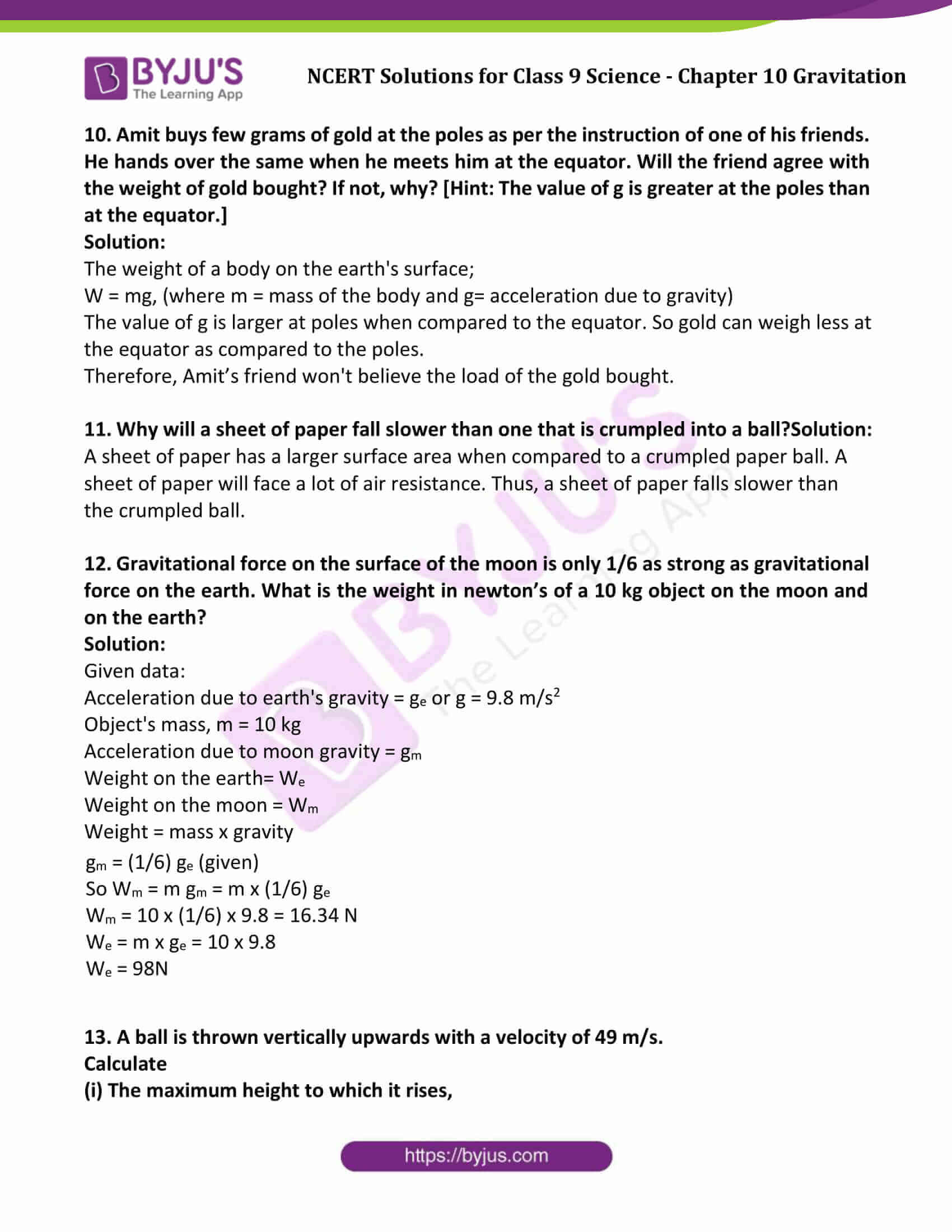 NCERT Solutions Class 9 Science Chapter 10 Gravitation - Download Free PDFs