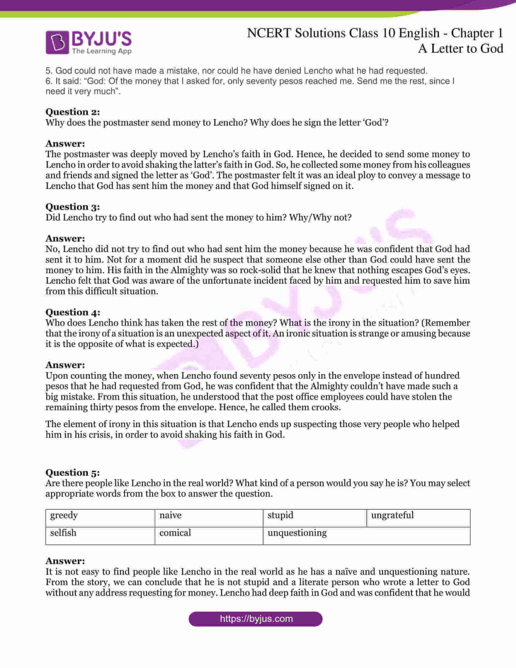 NCERT Solutions For Class 10 English First Flight Chapter 1 A Letter To