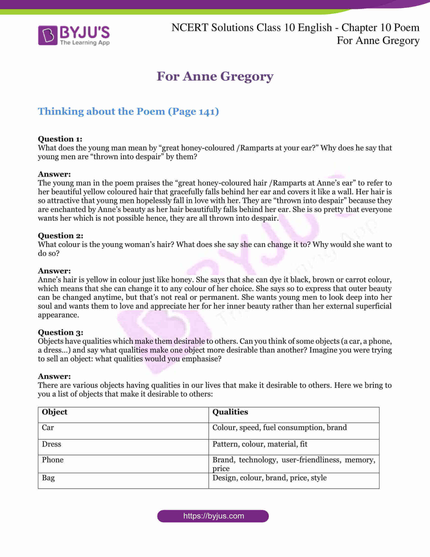 NCERT Solutions for Class 10 English Chapter 10