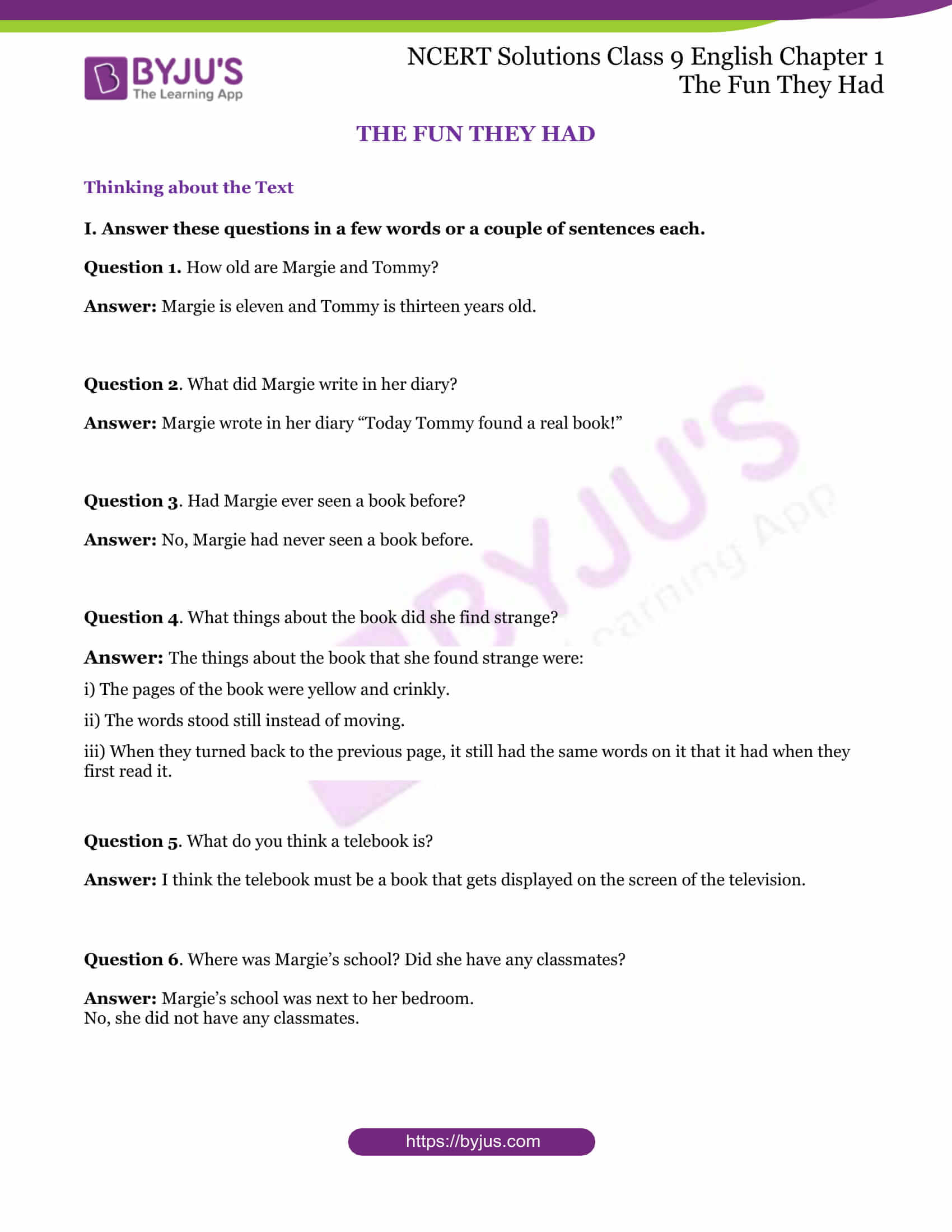 NCERT Solutions For Class 9 English Beehive Chapter 1 The Fun They Had NCERT Solutions For Class 9 English Beehive Chapter 1 The Fun They Had