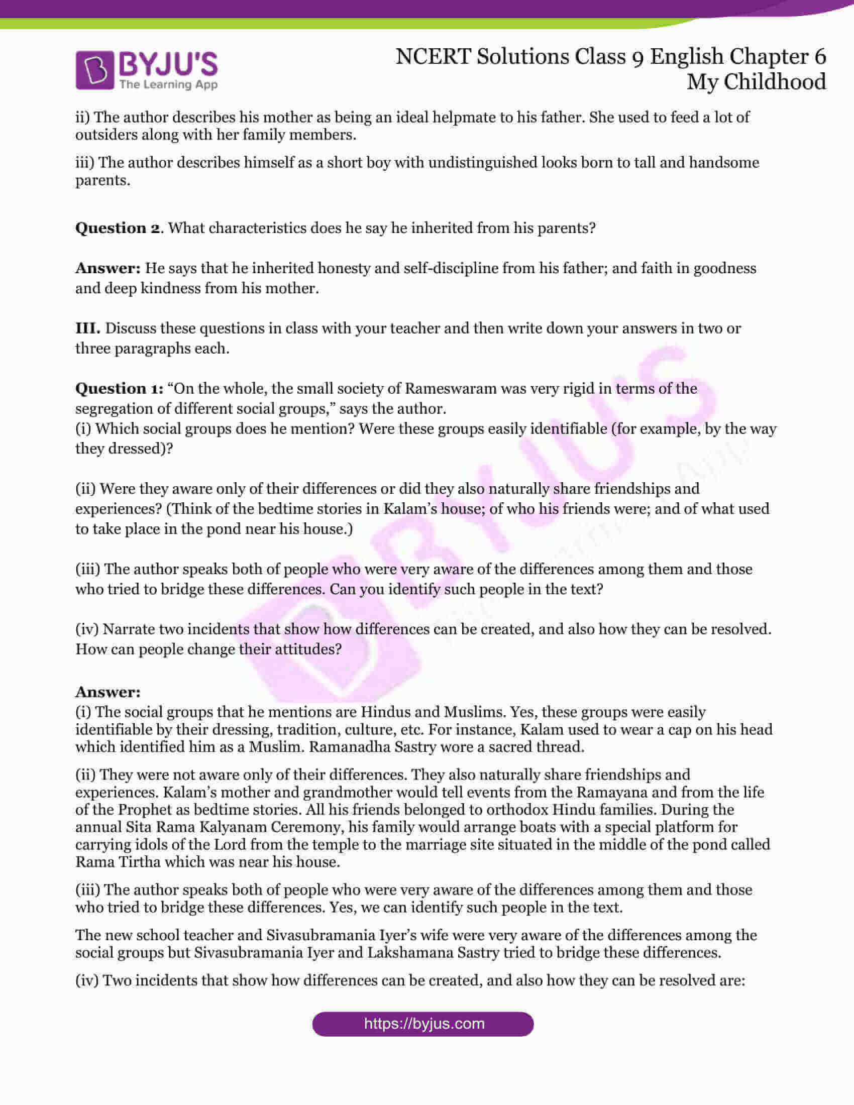 NCERT Solutions for Class 9 English Beehive Chapter 6 My Childhood and ...