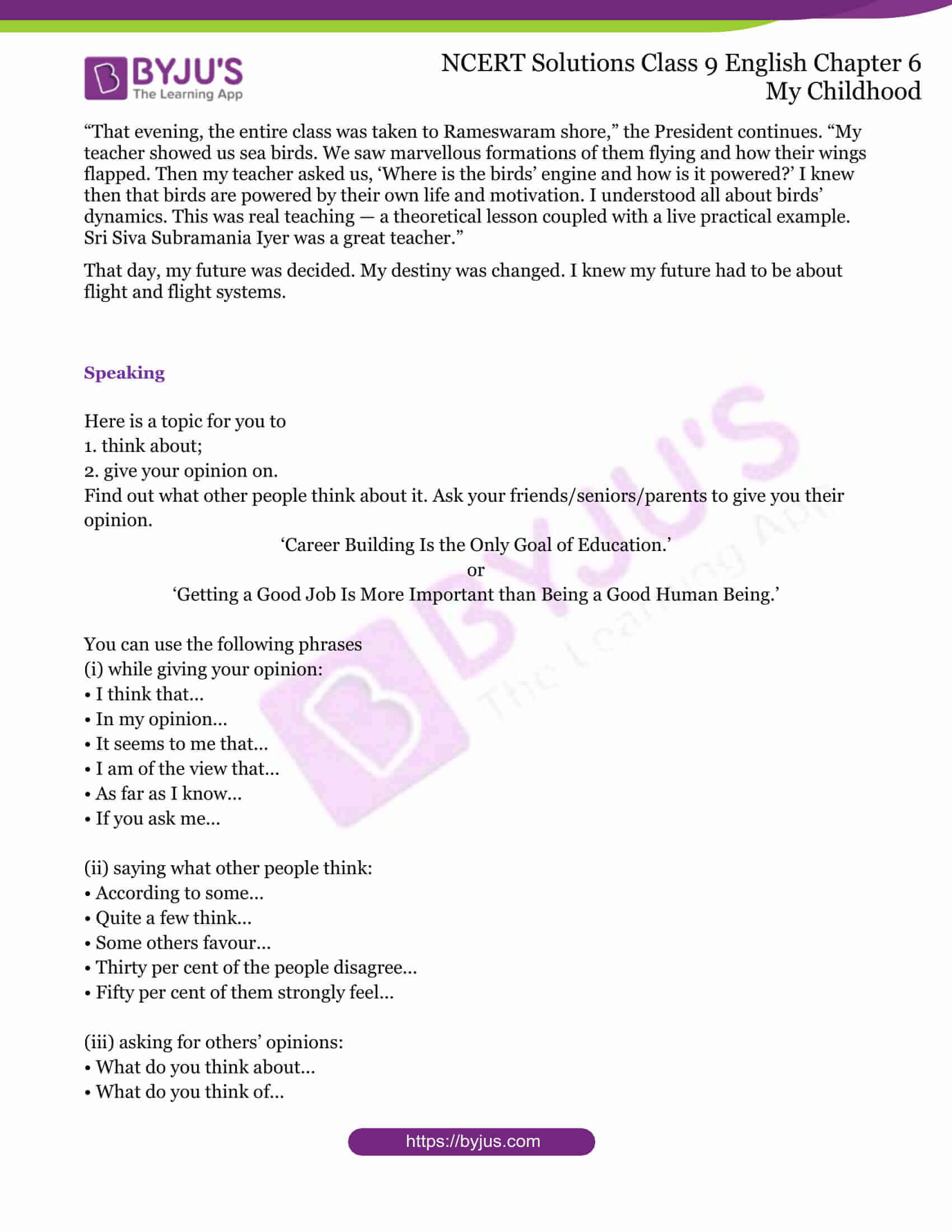 NCERT Solutions for Class 9 English Beehive Chapter 6 My Childhood and ...