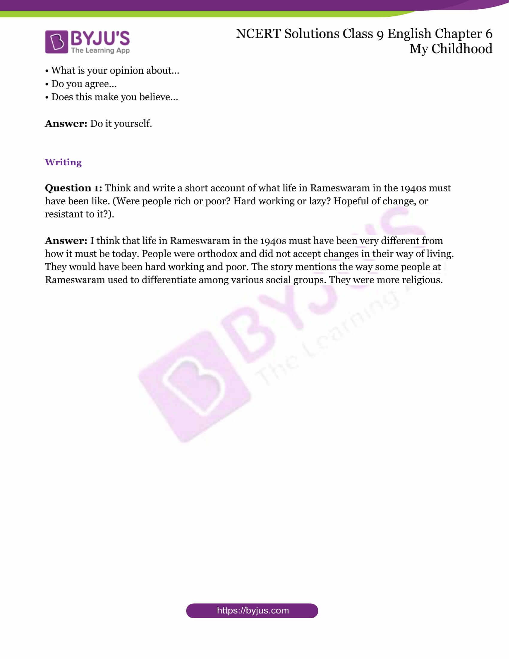 NCERT Solutions for Class 9 English Beehive Chapter 6 My Childhood and ...