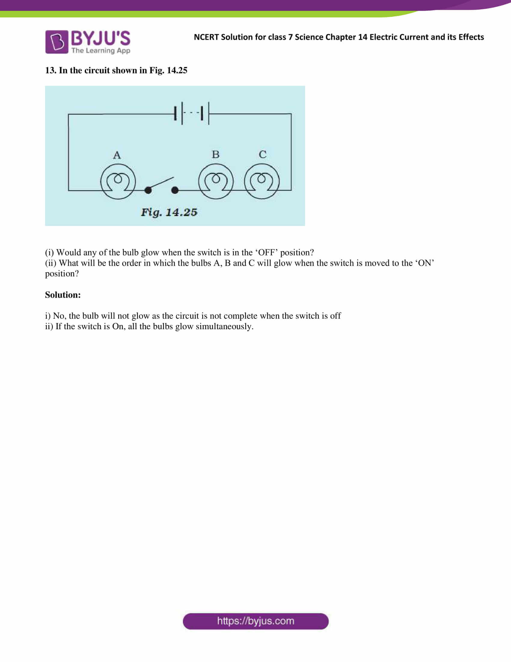 NCERT Solutions Class 7 Science Chapter 14 Electric Current and Its Effects