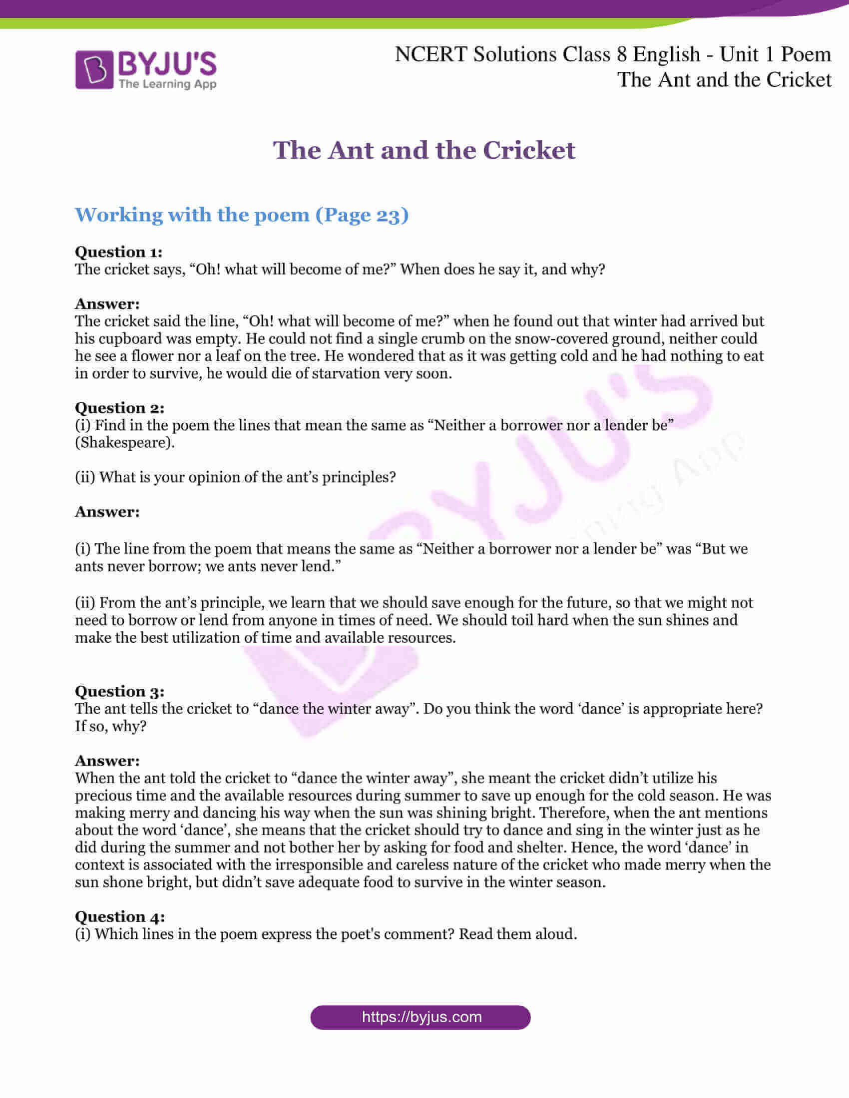 NCERT Solutions For Class 8 English Unit 1 Poem - The Ant and the Cricket