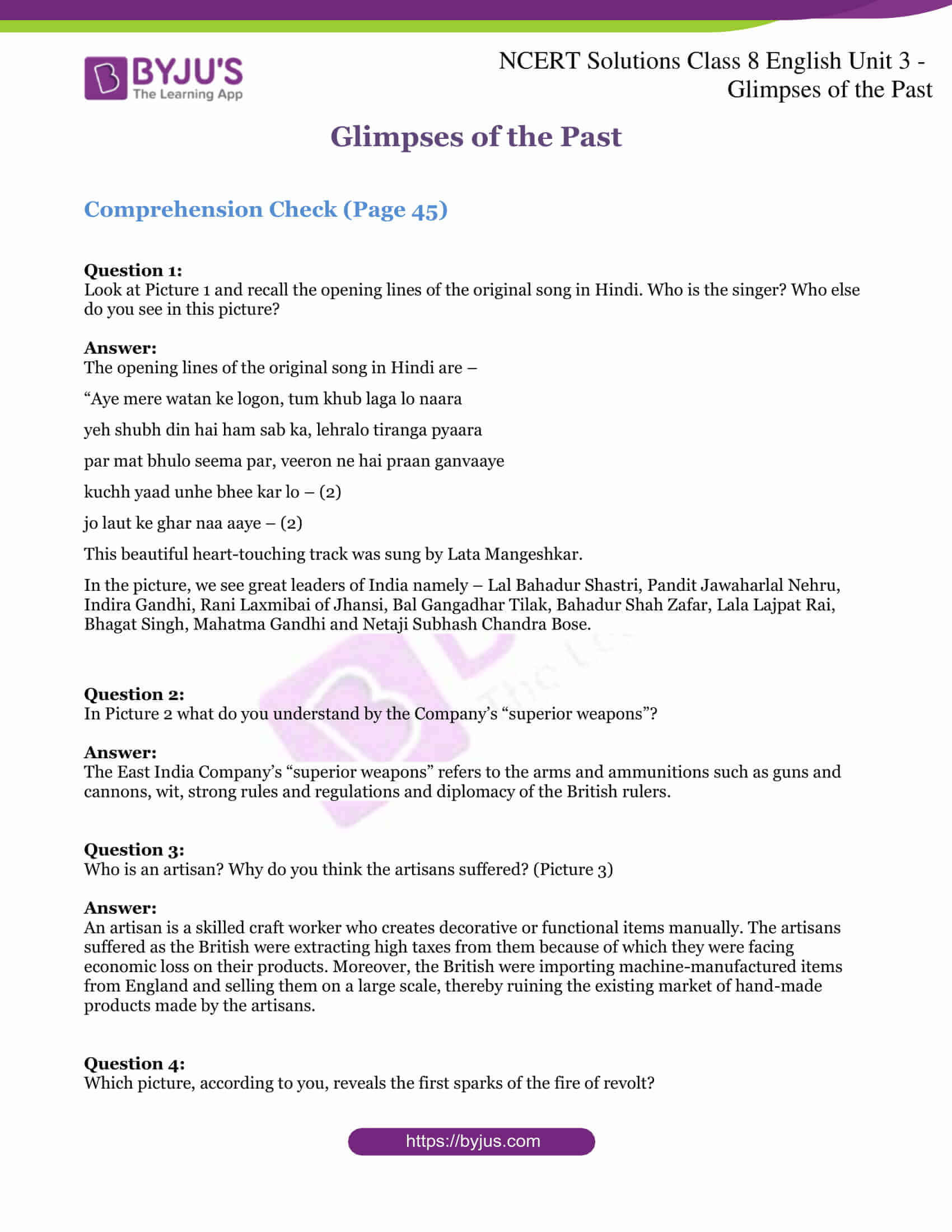 NCERT Solutions For Class 8 English Unit 3: Glimpses of the Past - Download Solutions PDF