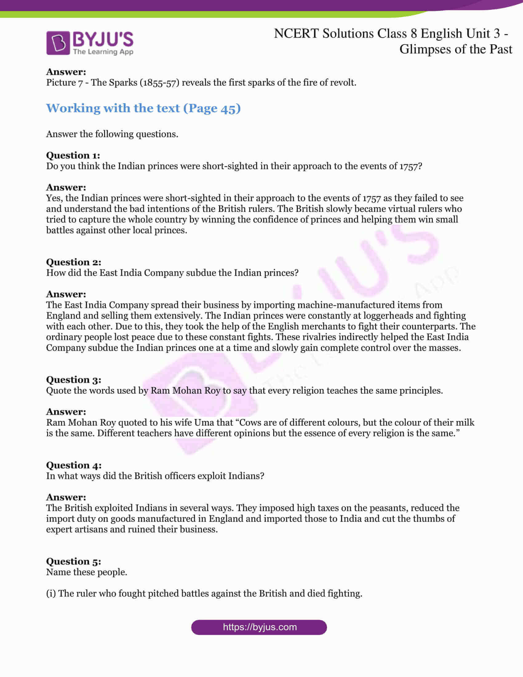 NCERT Solutions For Class 8 English Unit 3: Glimpses of the Past - Download Solutions PDF