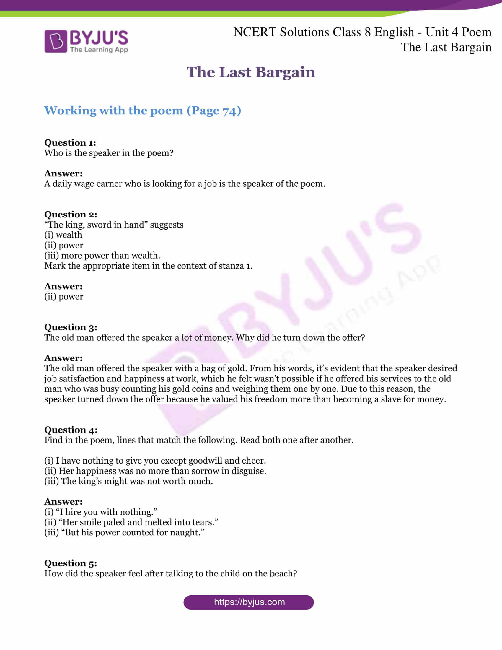 Ncert Solutions For Class English Unit Poem The Last Bargain