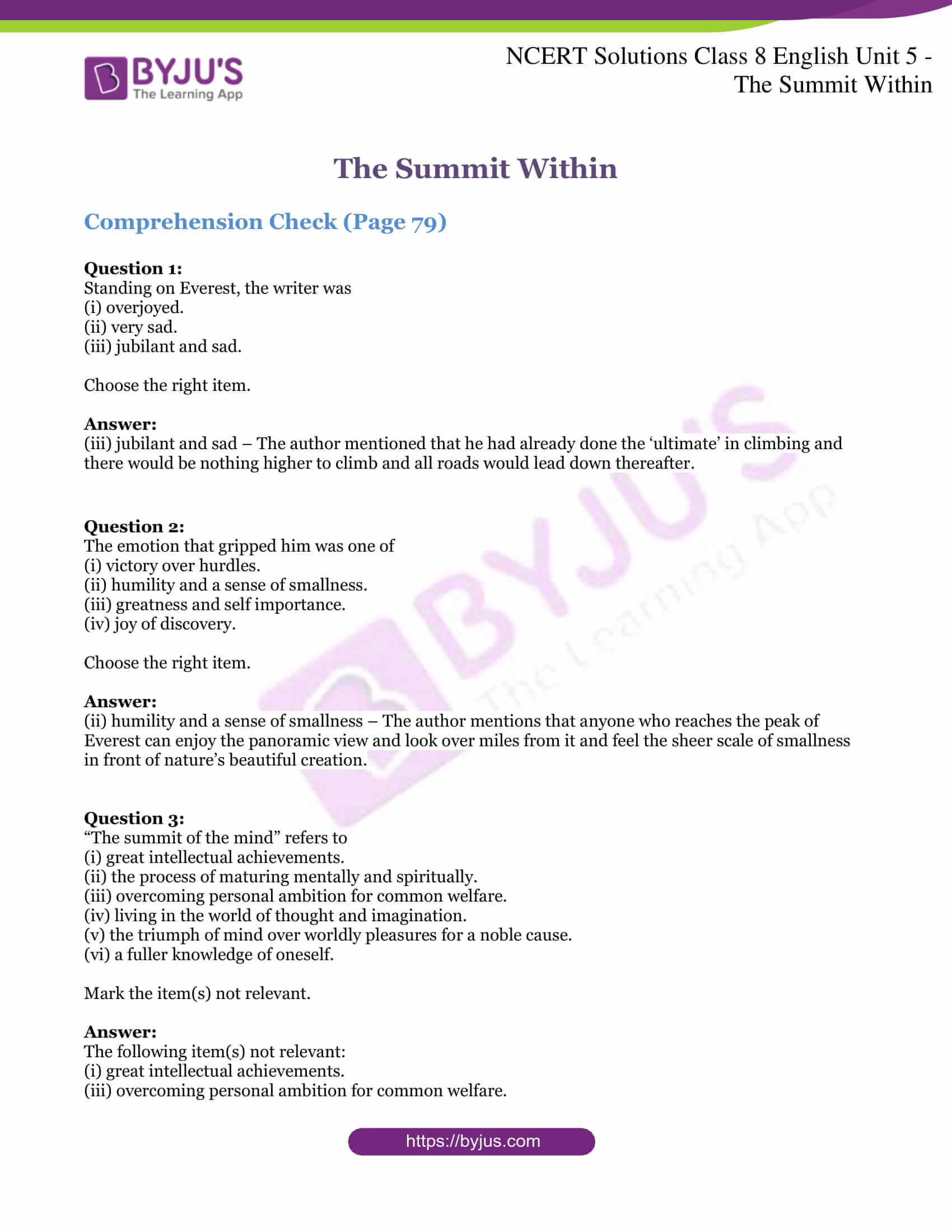 NCERT Solutions For Class 8 English Unit 5 The Summit Within 2022 NCERT Solutions For Class 8 English Unit 5 The Summit Within 2022