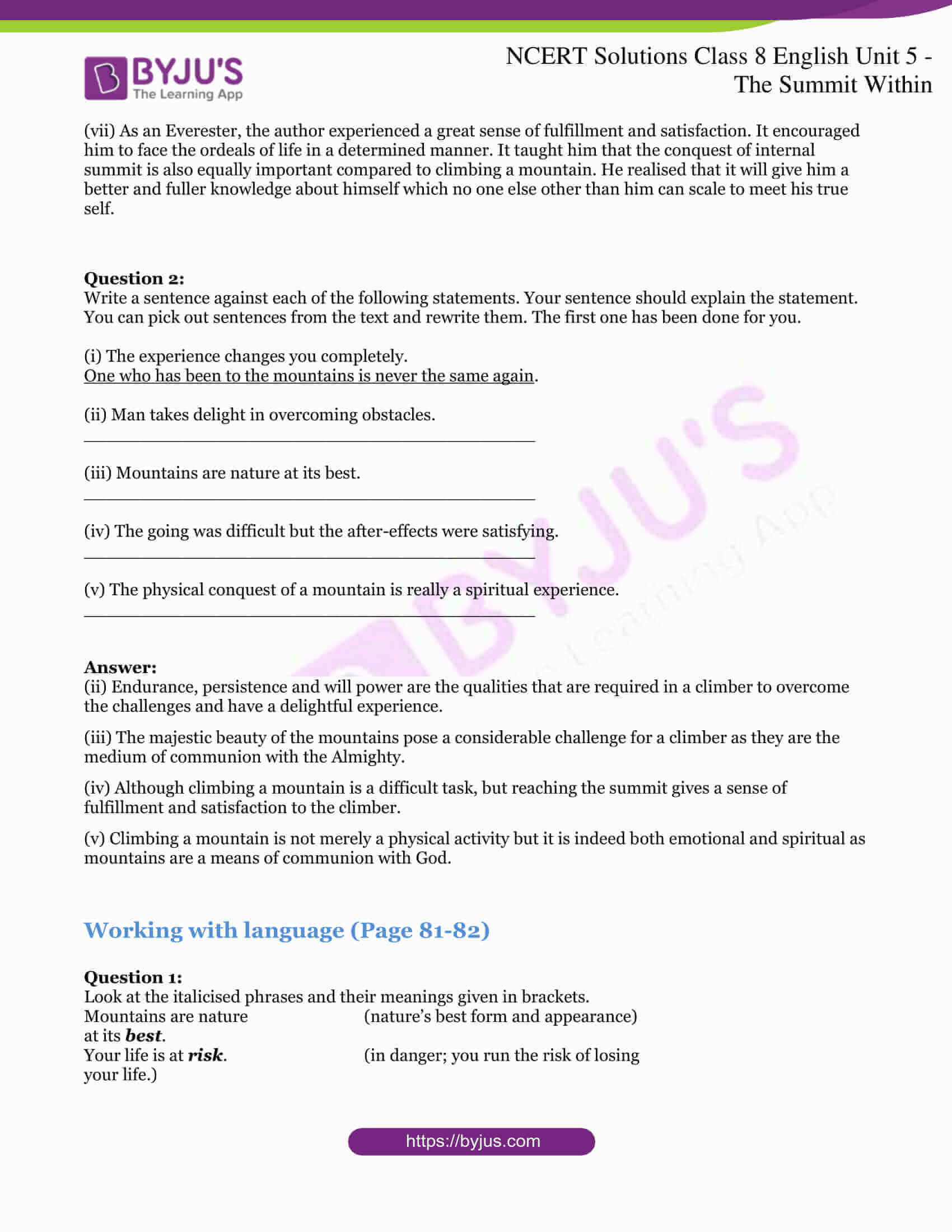 NCERT Solutions for Class 8 English Unit 5 - The Summit Within