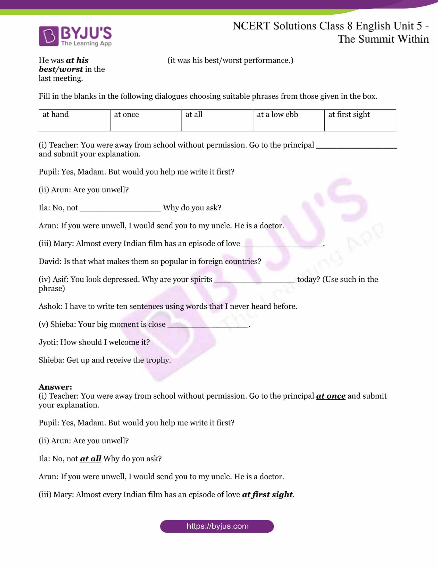 NCERT Solutions for Class 8 English Unit 5 - The Summit Within