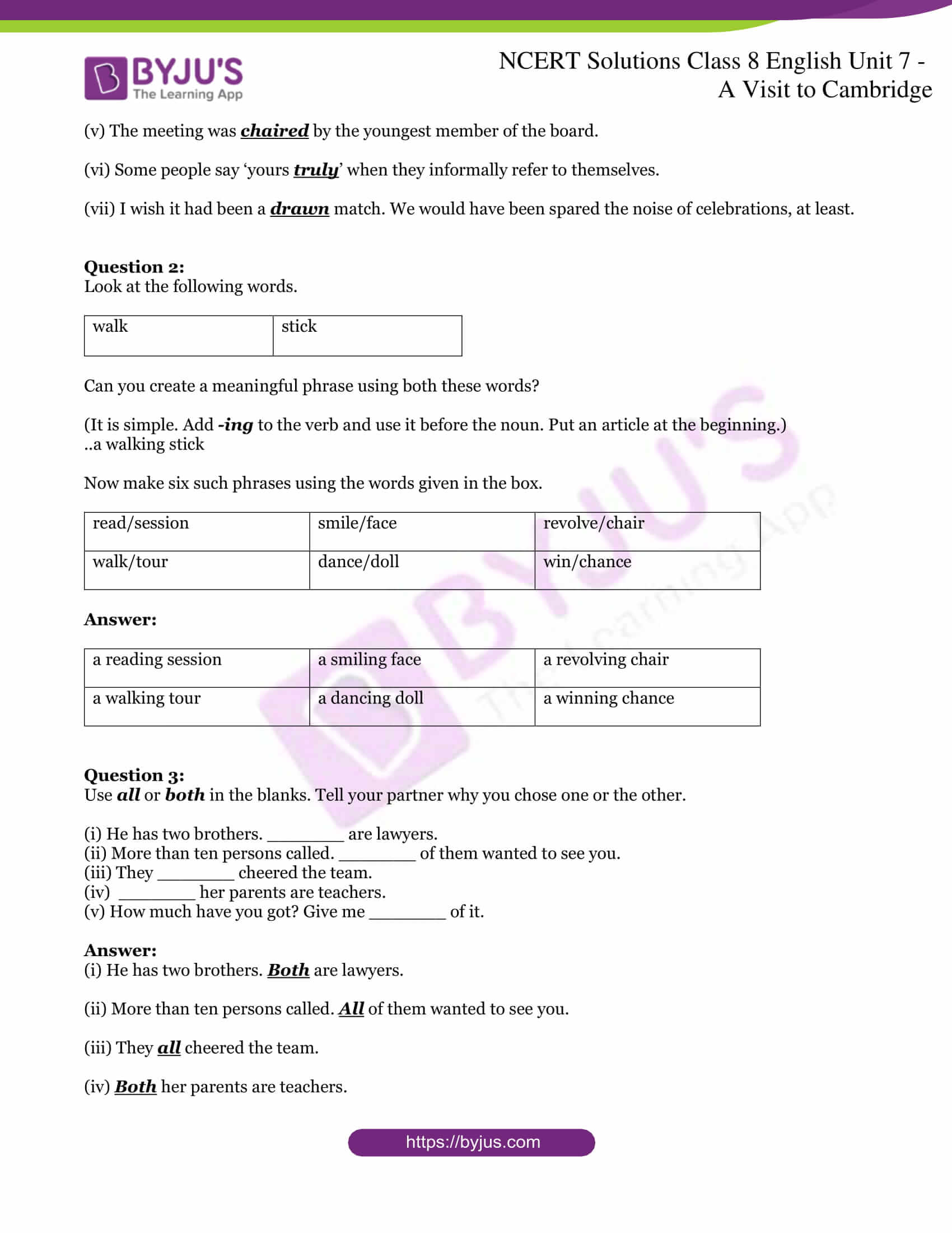 NCERT Solutions For Class 8 English Unit 7 - A Visit to Cambridge