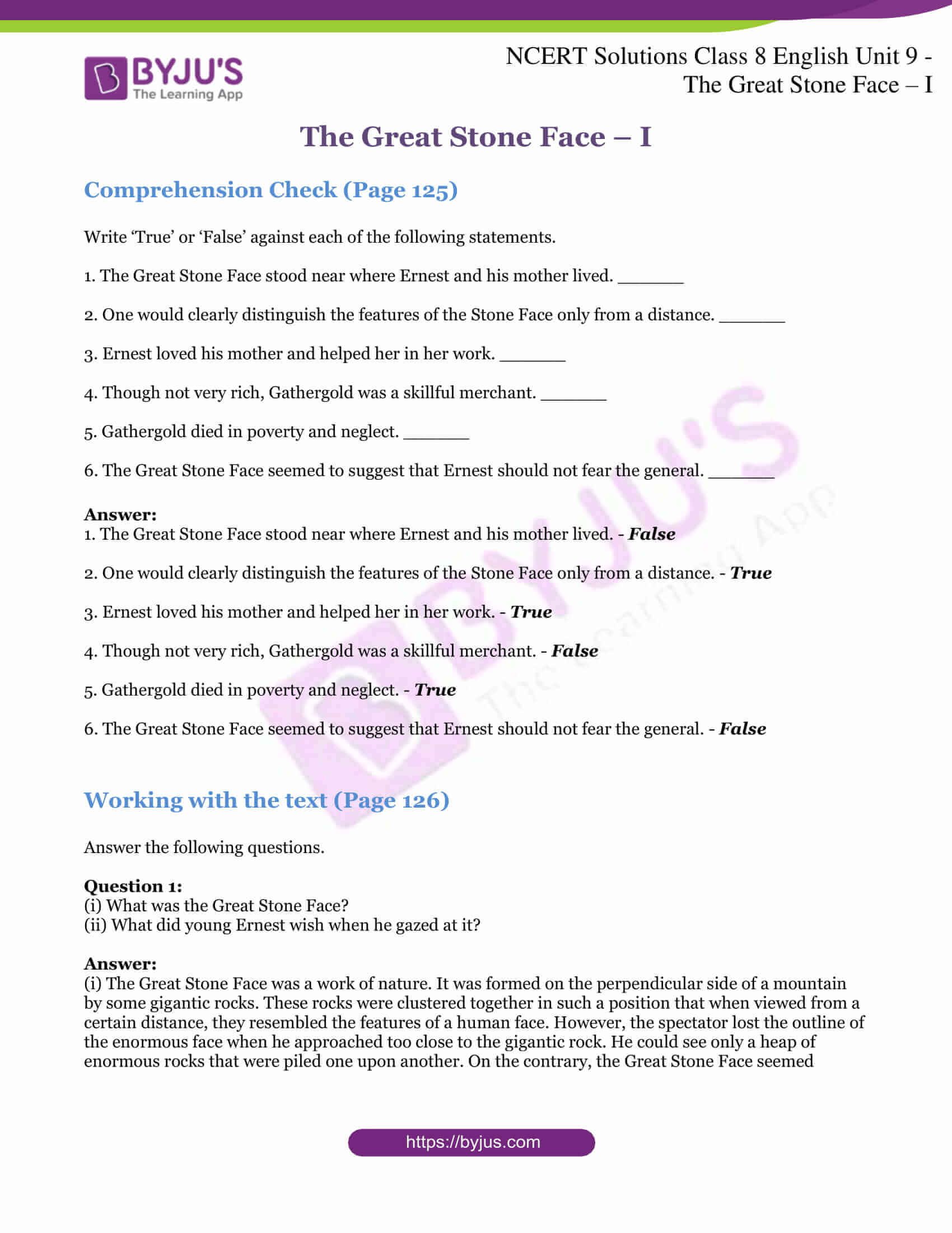 NCERT Solutions for Class 8 English Unit 9 - The Great Stone Face – I