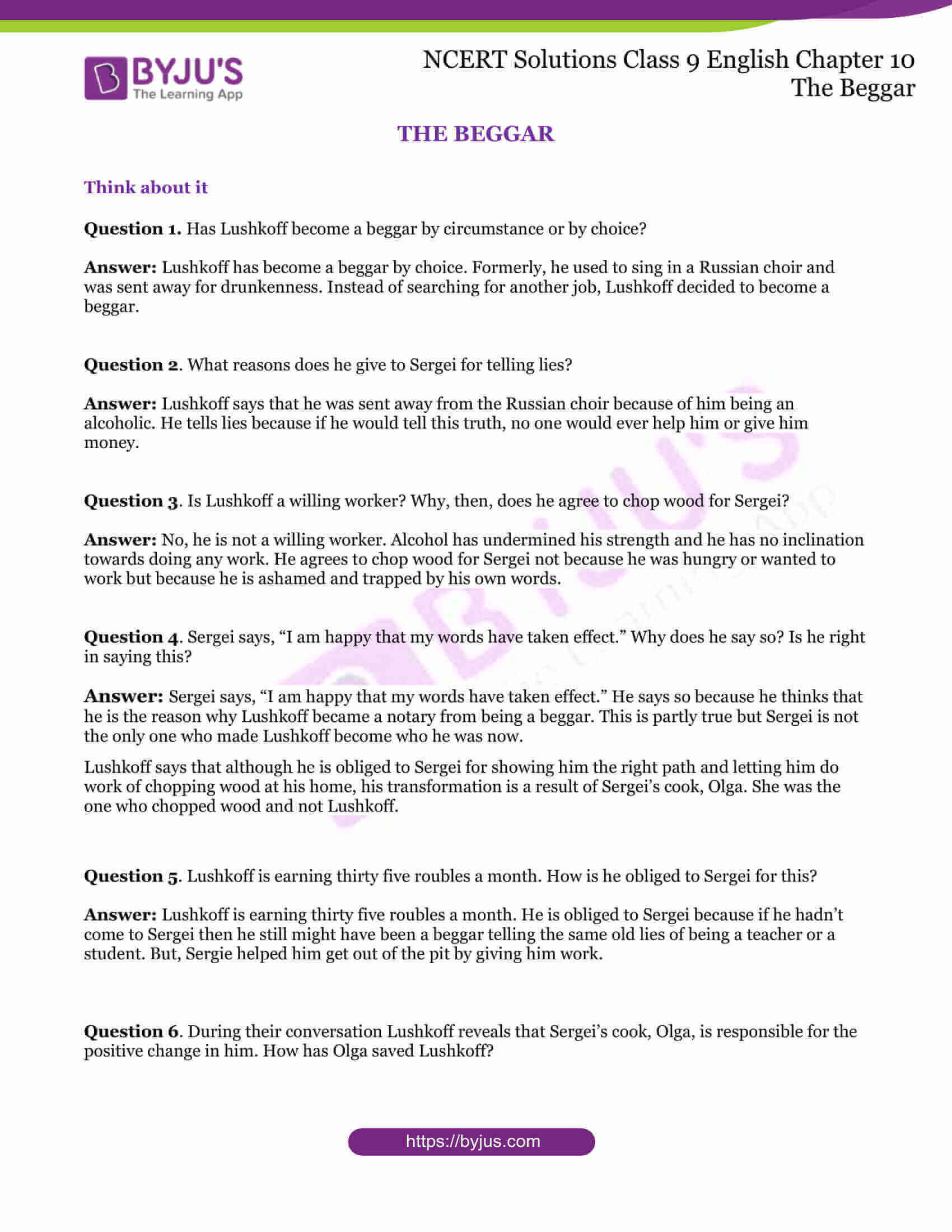 NCERT Solutions For Class 9 English Moments Chapter 10 The Beggar