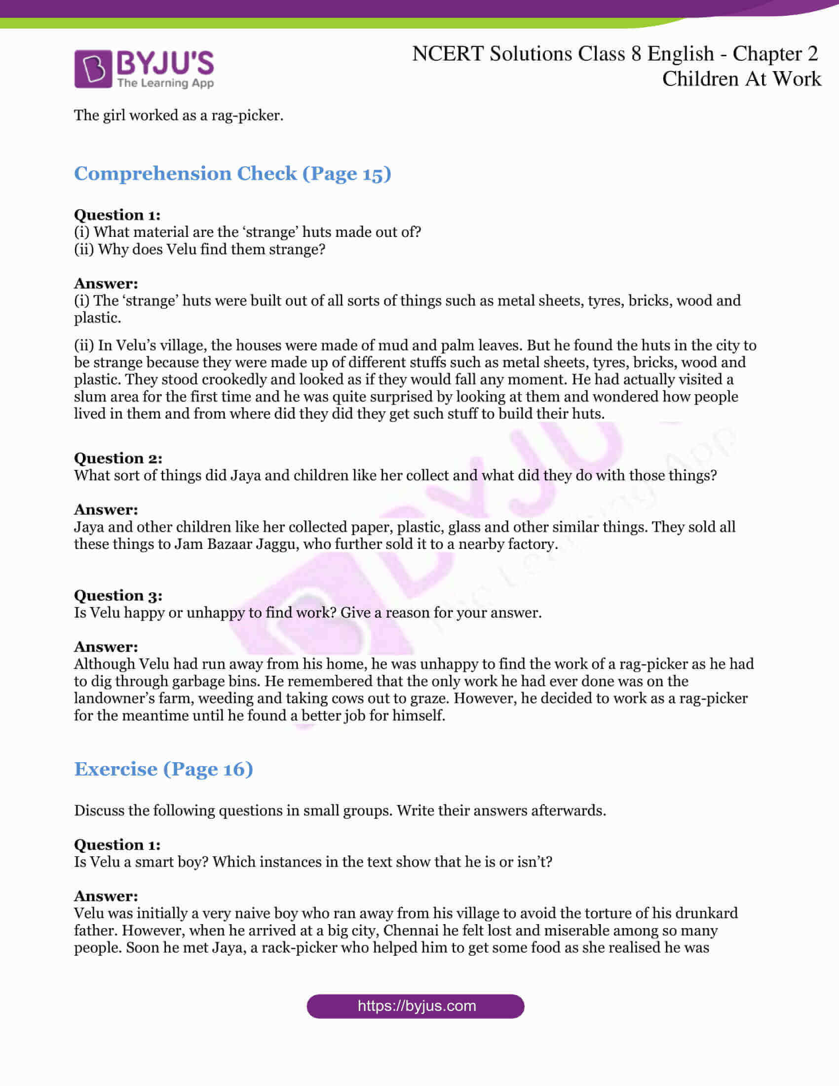 NCERT Solutions For Class 8 English Chapter 2 Children At Work