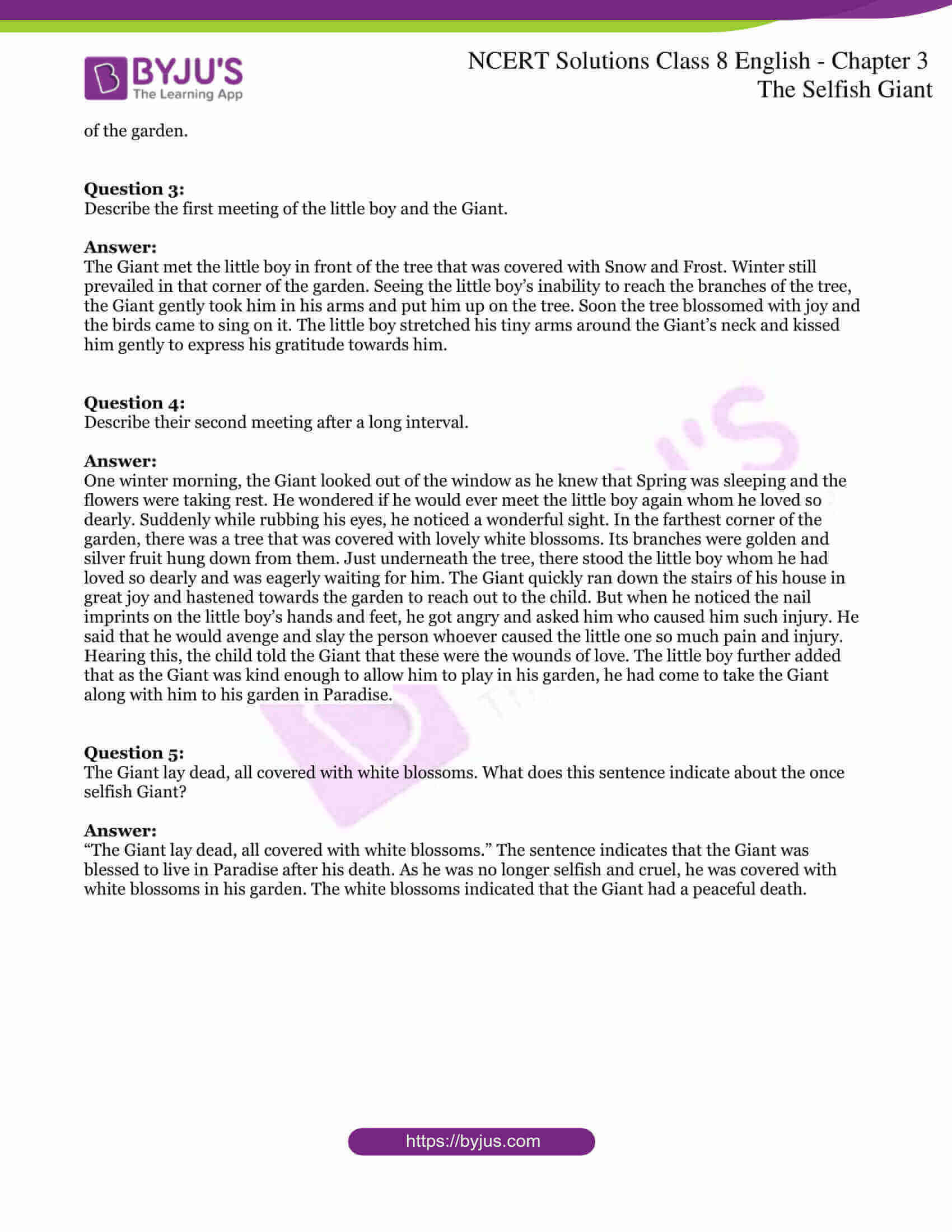 NCERT Solutions for Class 8 English Chapter 3 - The Selfish Giant ...