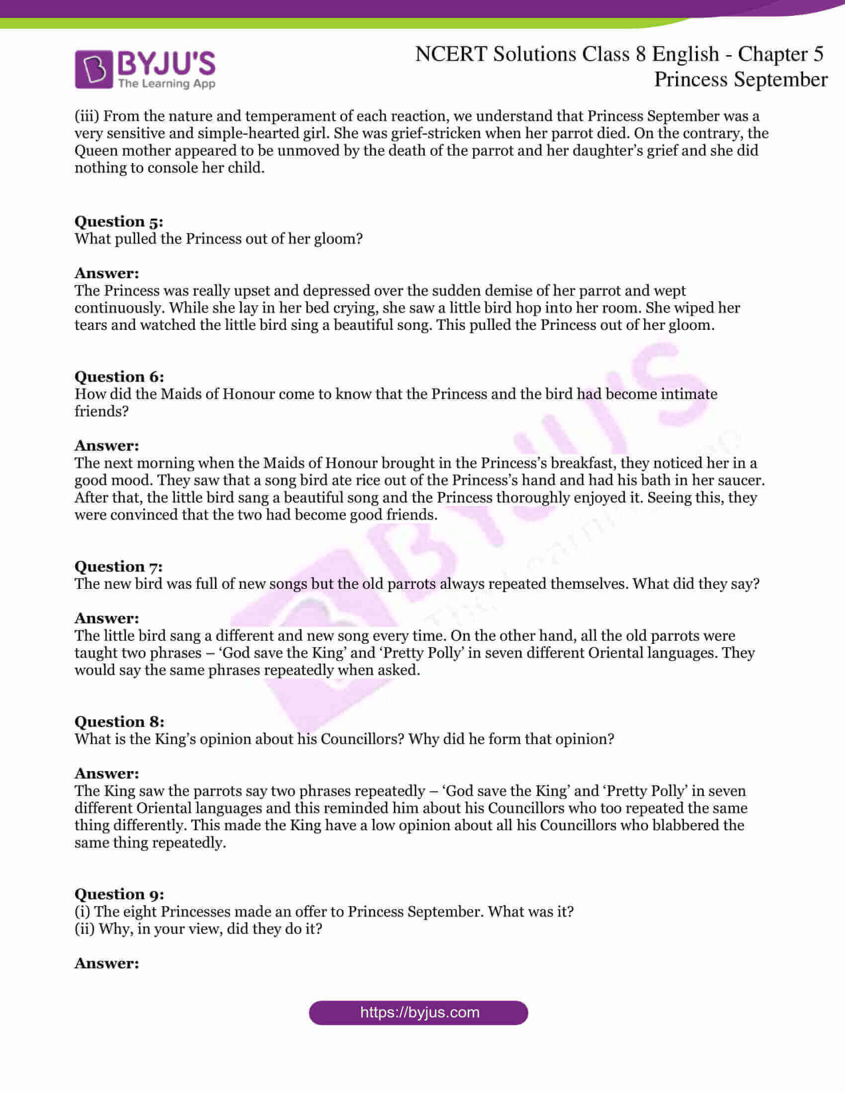NCERT Solutions for Class 8 English Chapter 5 Princess September