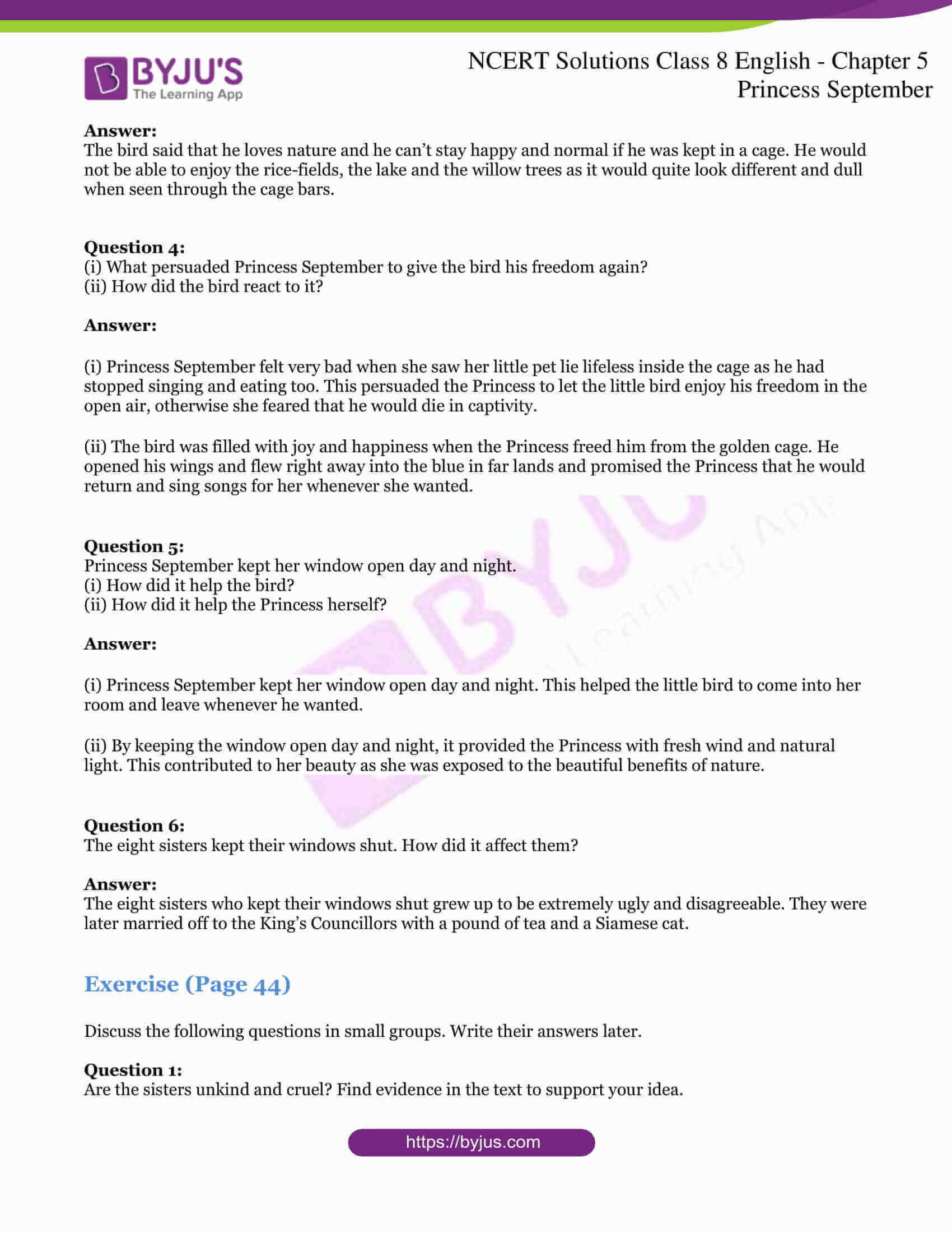 NCERT Solutions for Class 8 English Chapter 5 Princess September