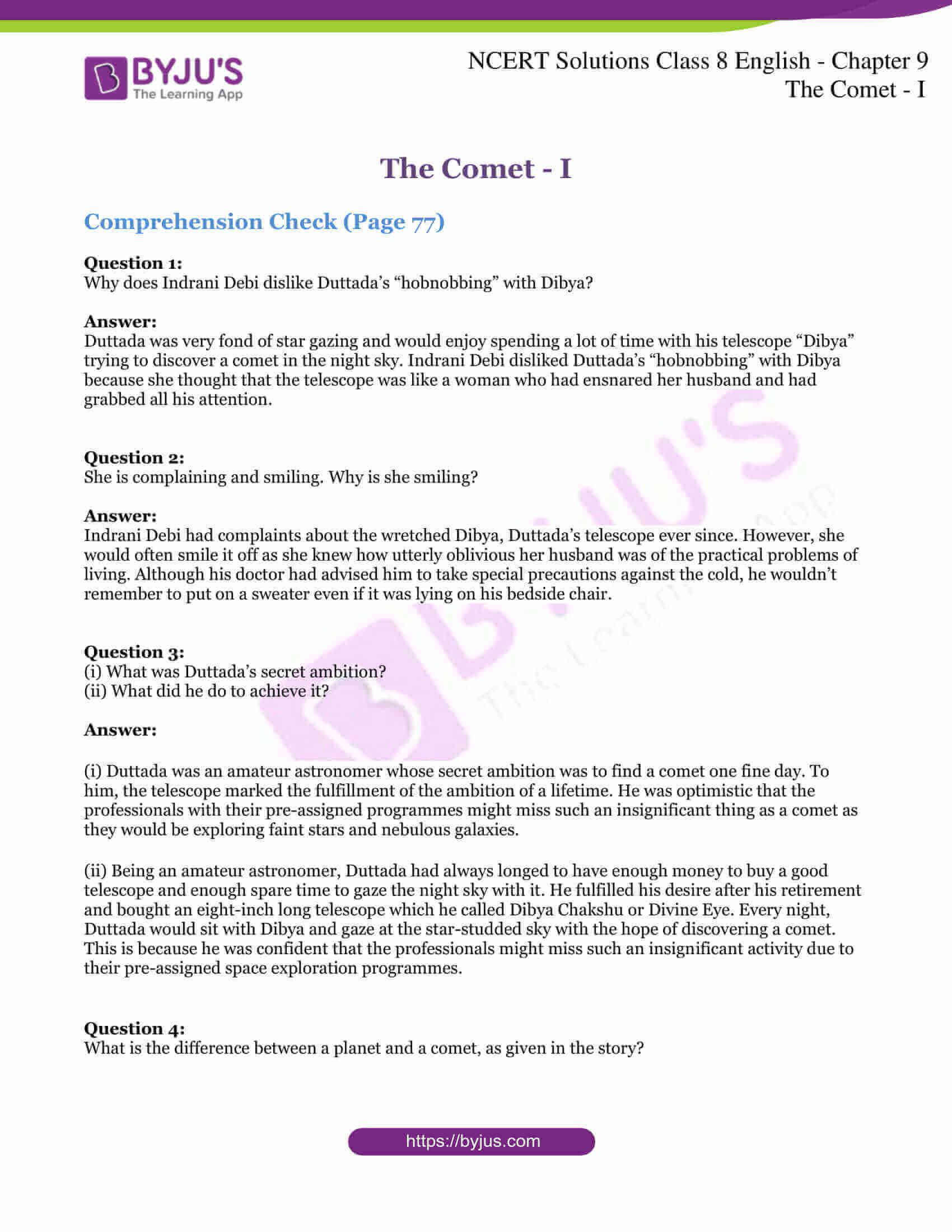 NCERT Solutions for Class 8 English Chapter 9 - The Comet - I | Free ...