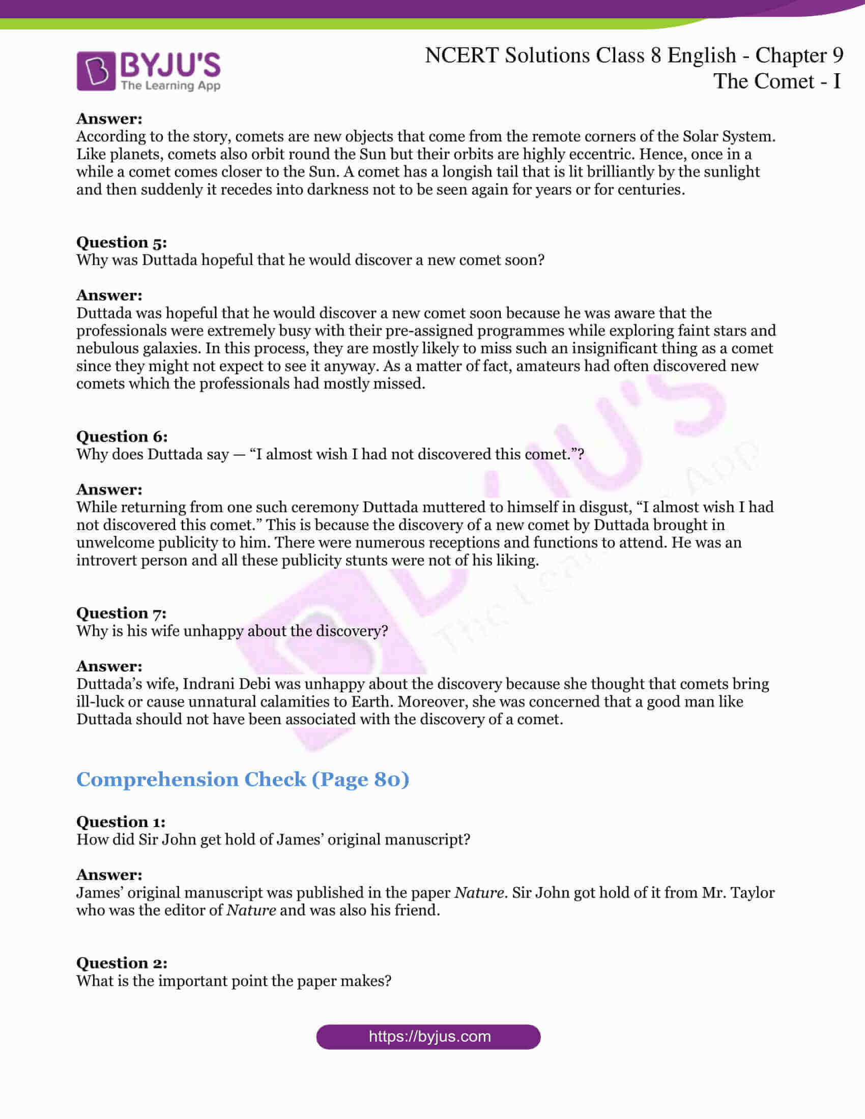 NCERT Solutions For Class 8 English Chapter 9 The Comet I Free