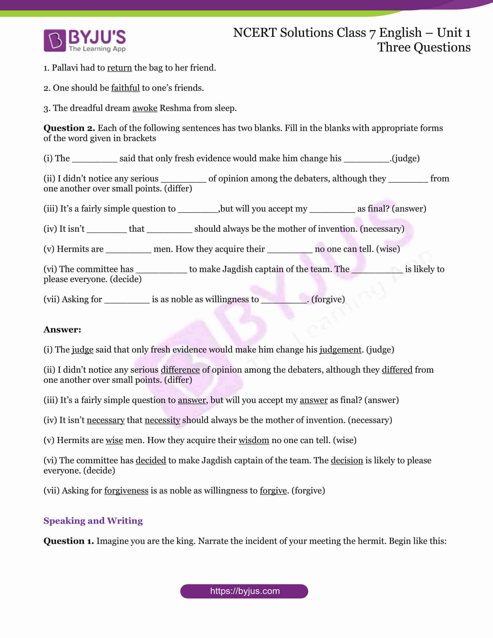 NCERT Solutions for Class 7 English Unit 1 Three Questions- Download Solutions