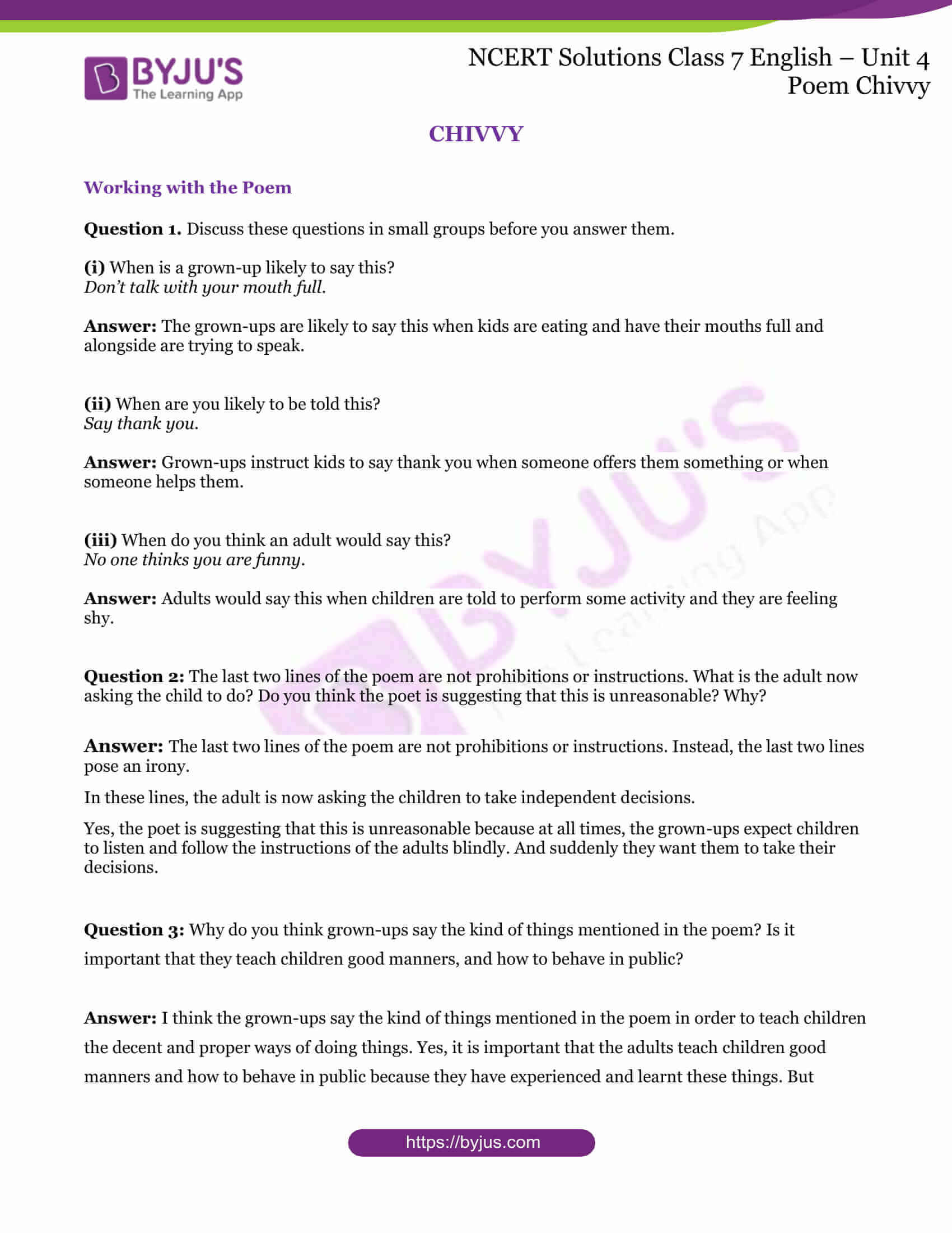 NCERT Solutions for Class 7 English Unit 4 Poem Chivvy