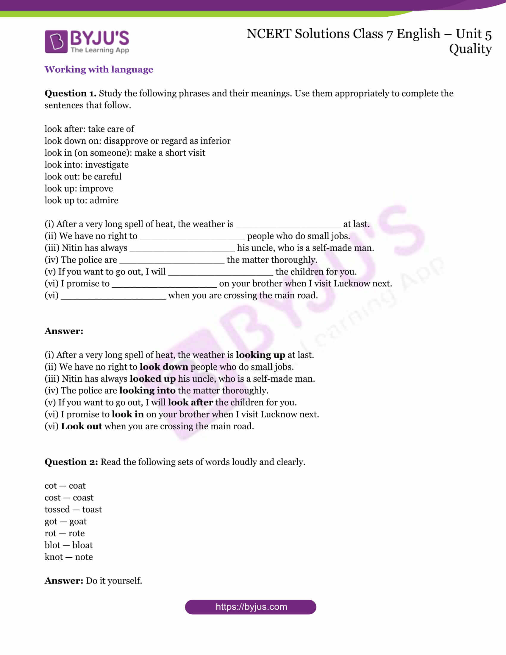 NCERT Solutions for Class 7 English Unit 5 Quality
