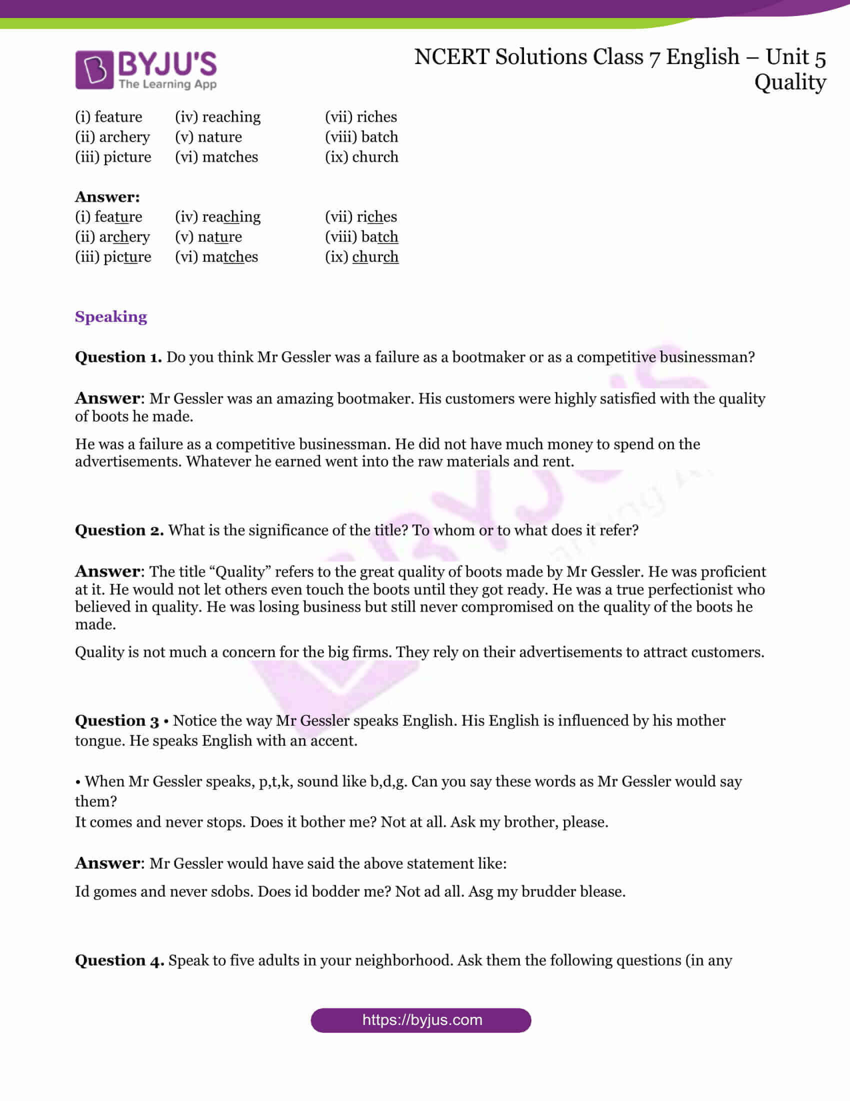 NCERT Solutions for Class 7 English Unit 5 Quality