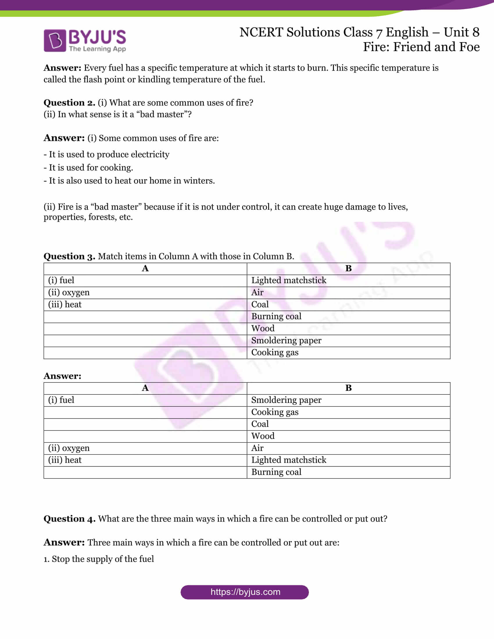 NCERT Solutions for Class 7 English Unit 8 Fire: Friend and Foe