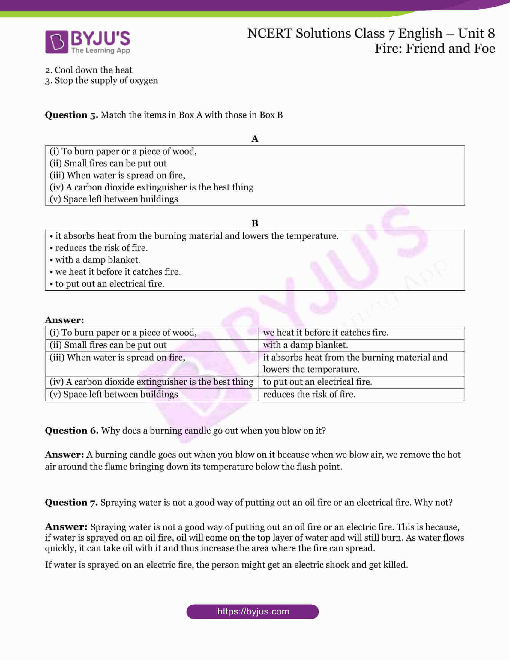 NCERT Solutions for Class 7 English Unit 8 Fire: Friend and Foe