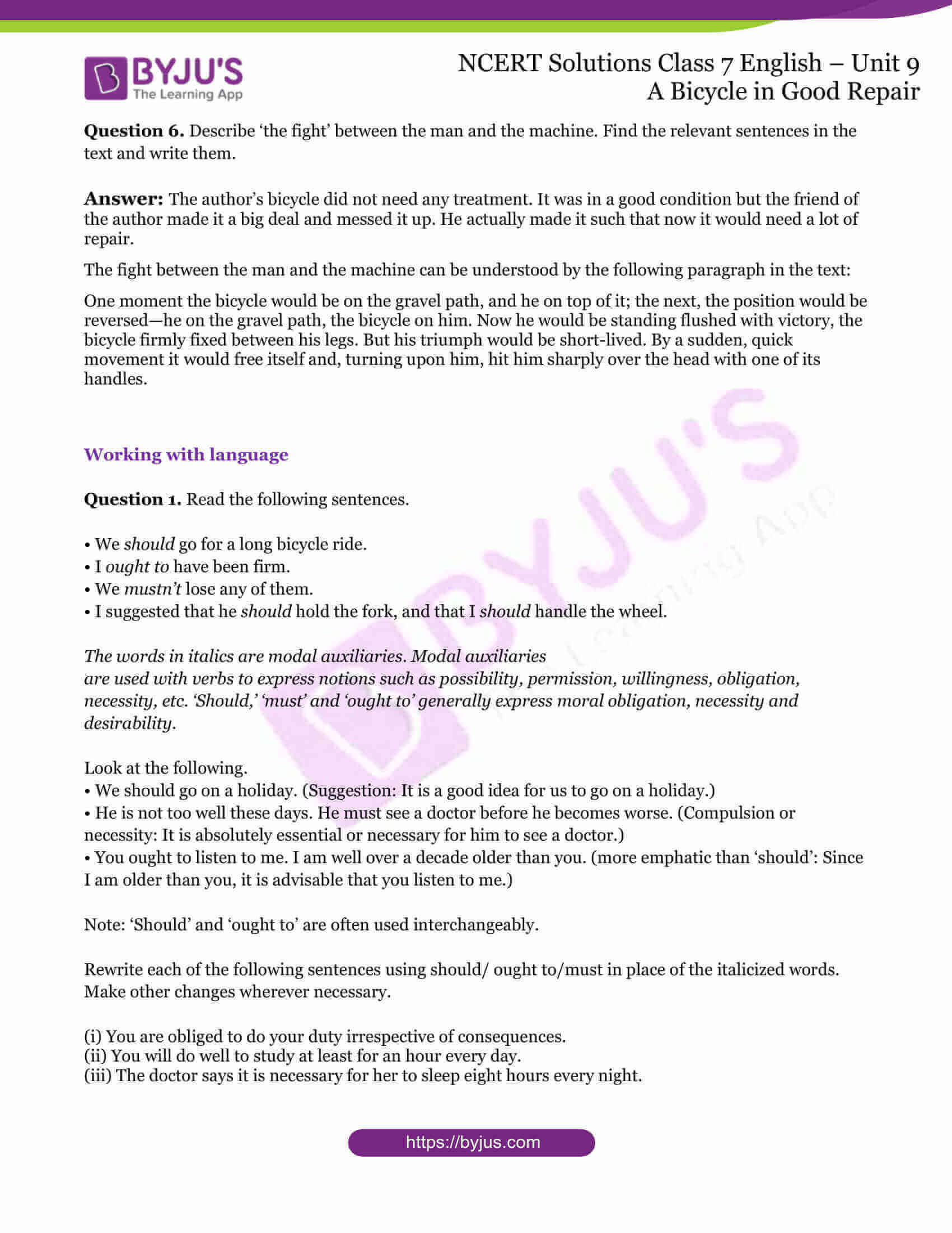 NCERT Solutions for Class 7 English Unit 9 A Bicycle In Good Repair