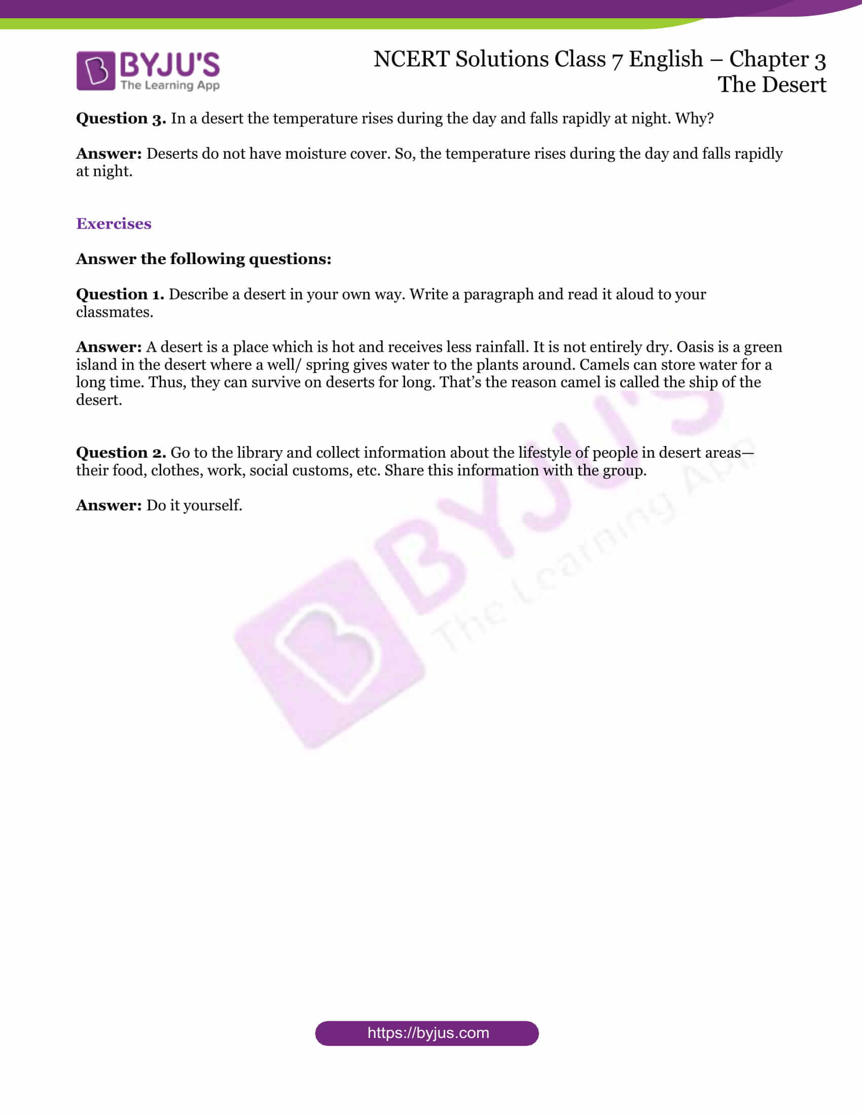NCERT Solutions For Class 7 English Chapter 3 The Desert