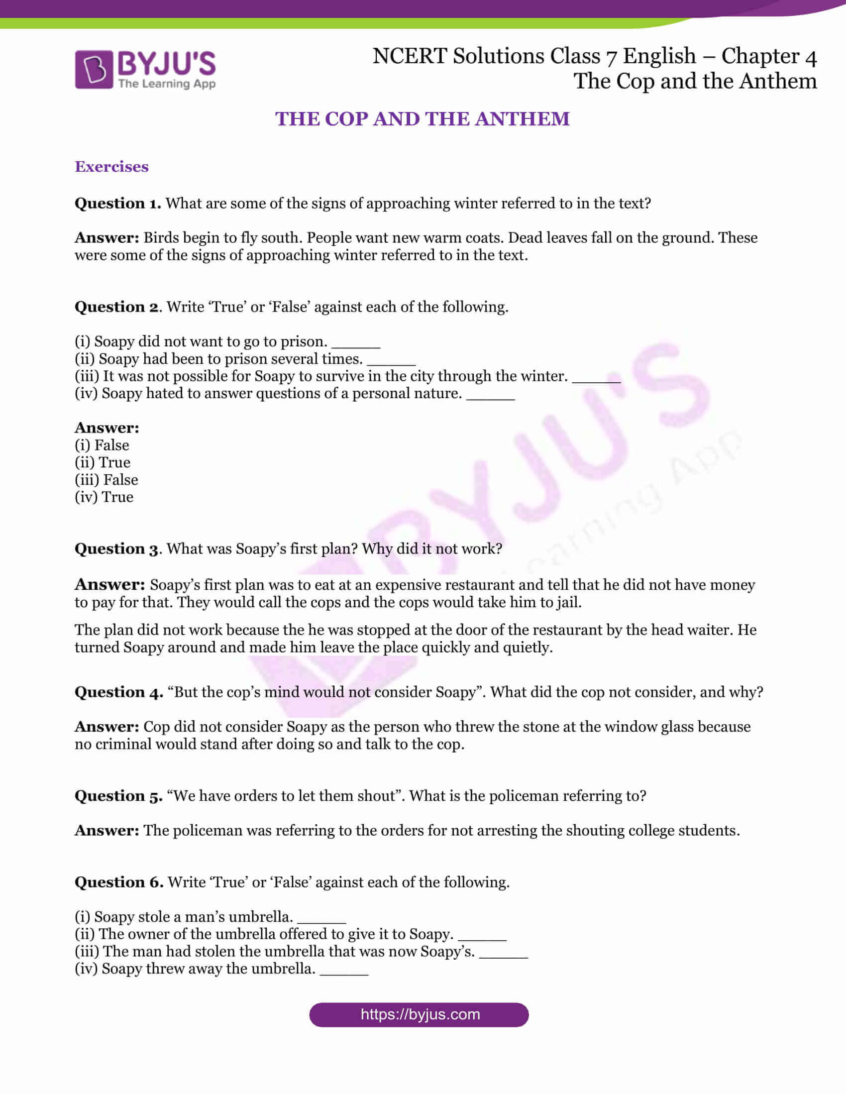 NCERT Solutions For Class 7 English Chapter 4 The Cop And The Anthem ncert-solutions-for-class-7-english-chapter-4-the-cop-and-the-anthem