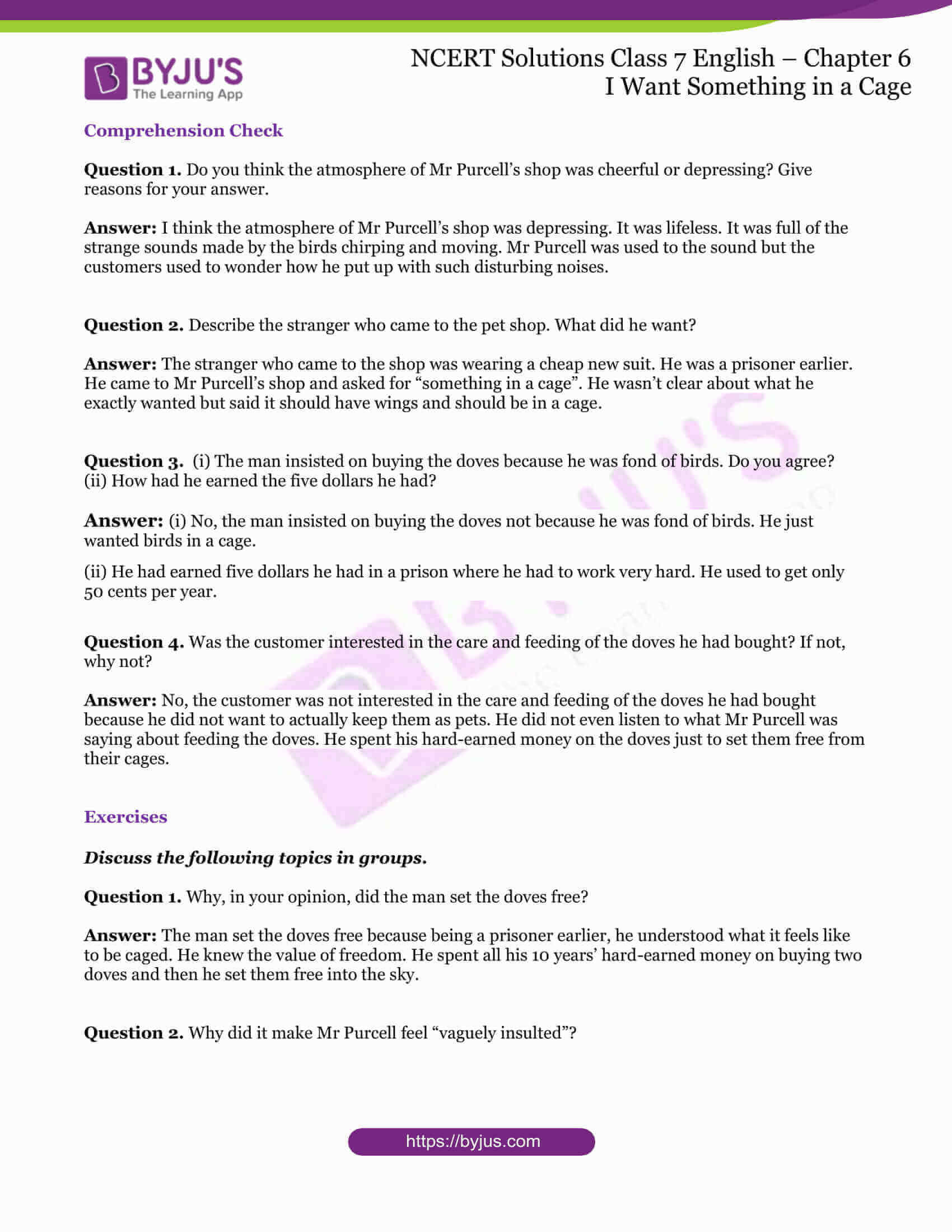 NCERT Solutions For Class 7 English Chapter 6 I Want Something In A Cage