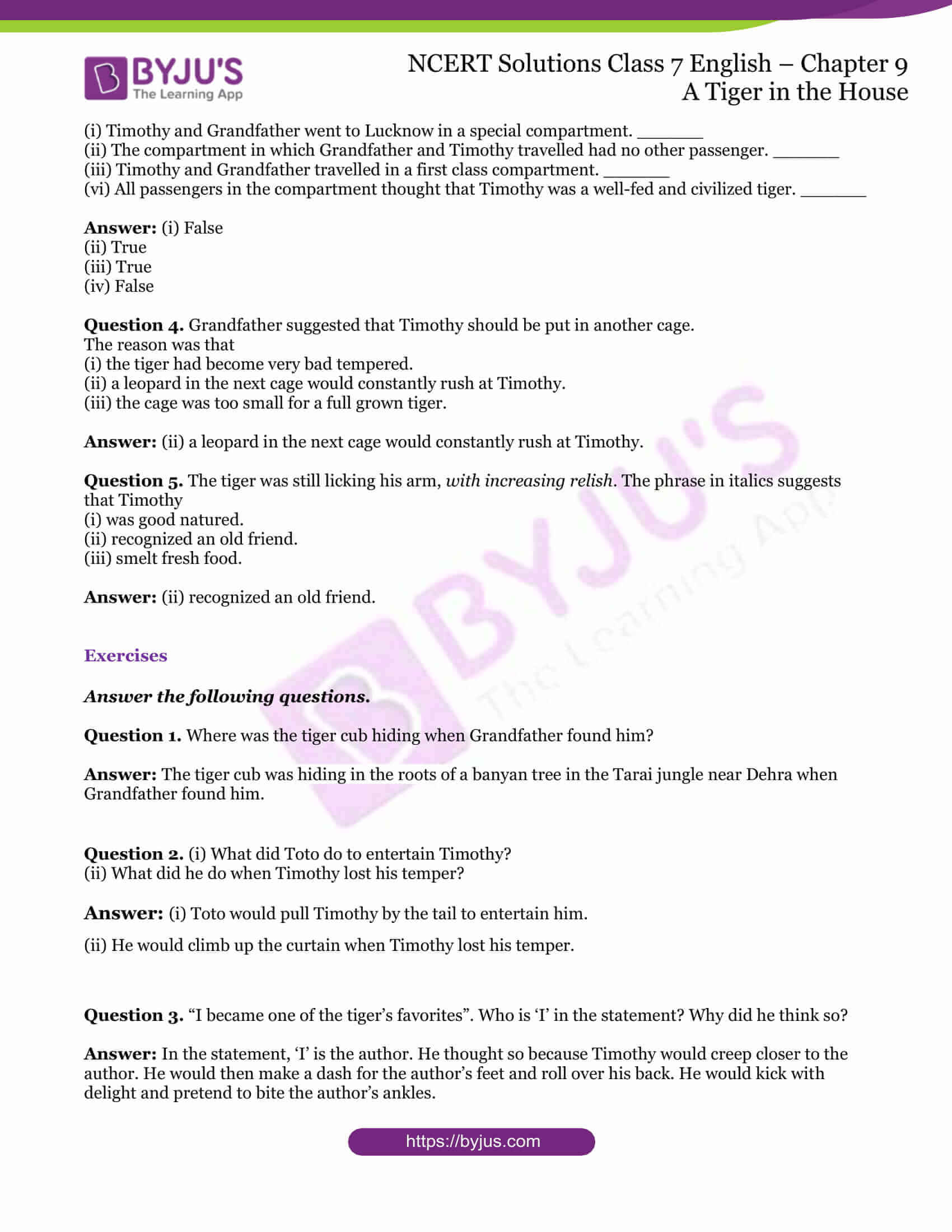 NCERT Solutions For Class 7 English Chapter 9 A Tiger In The House