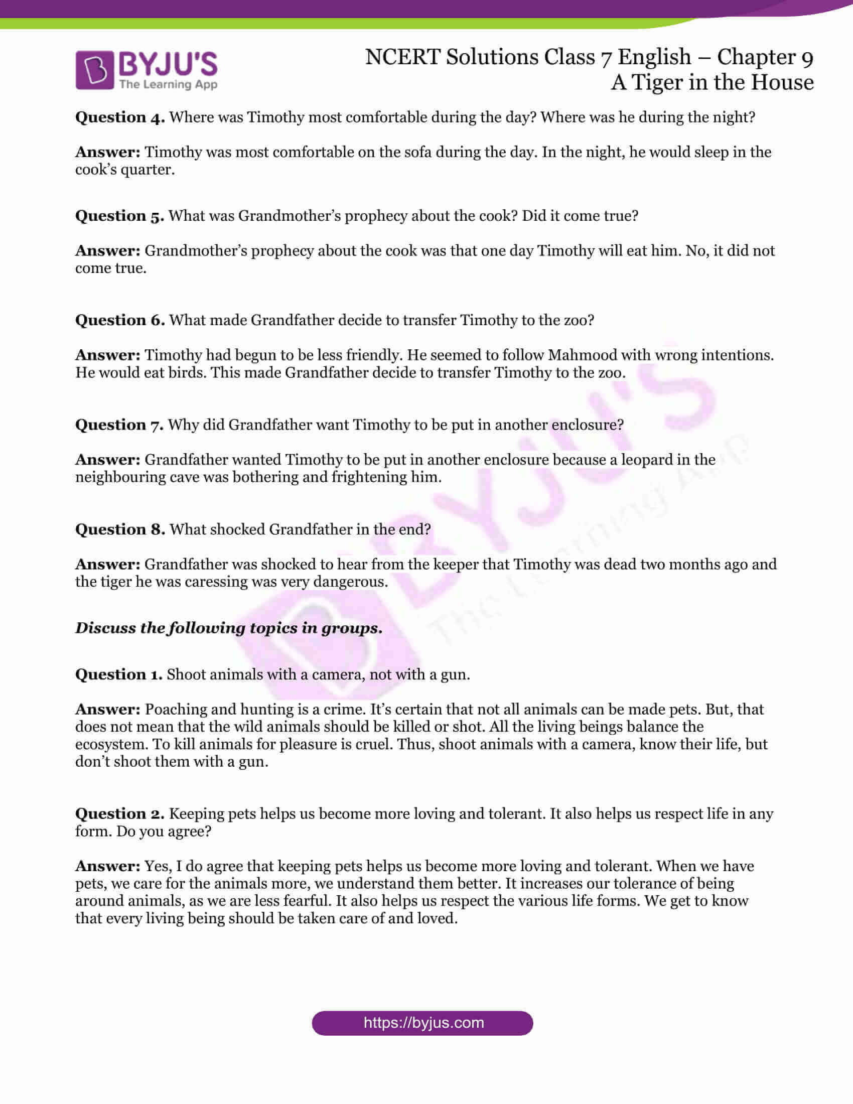 NCERT Solutions For Class 7 English Chapter 9 A Tiger In The House