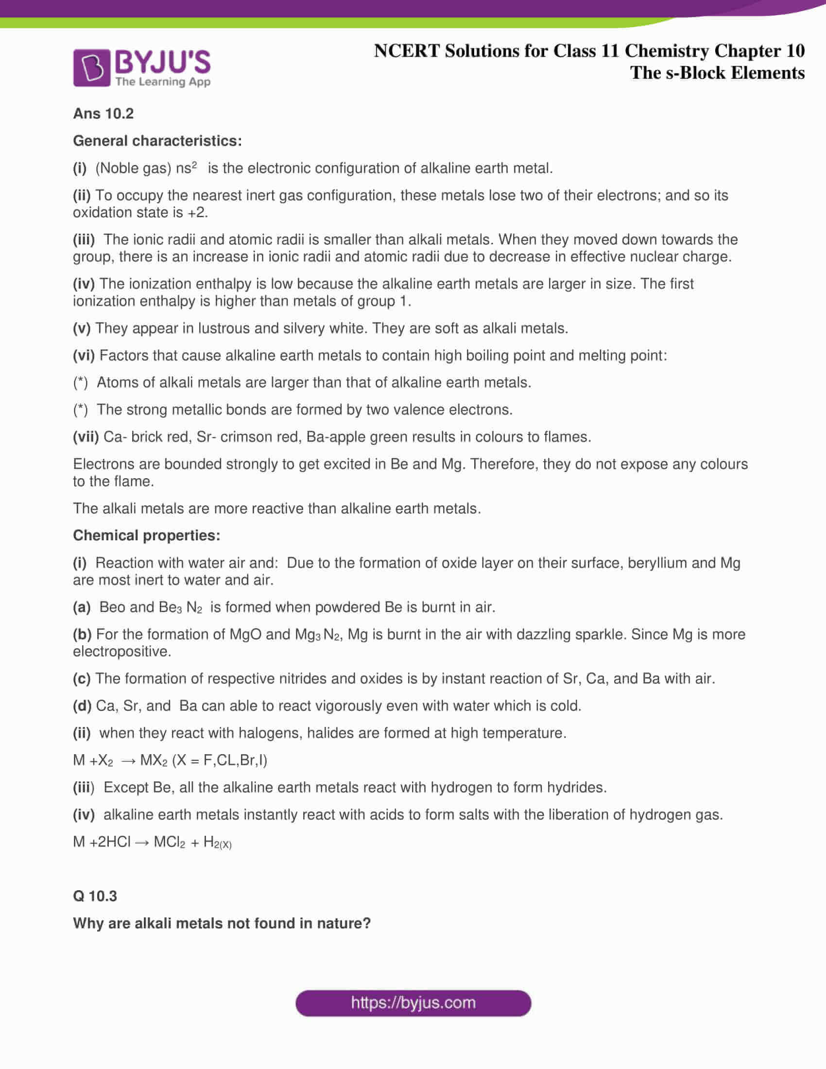 NCERT Solutions Class 11 Chemistry Chapter 10 The S Block Elements Free PDF Download