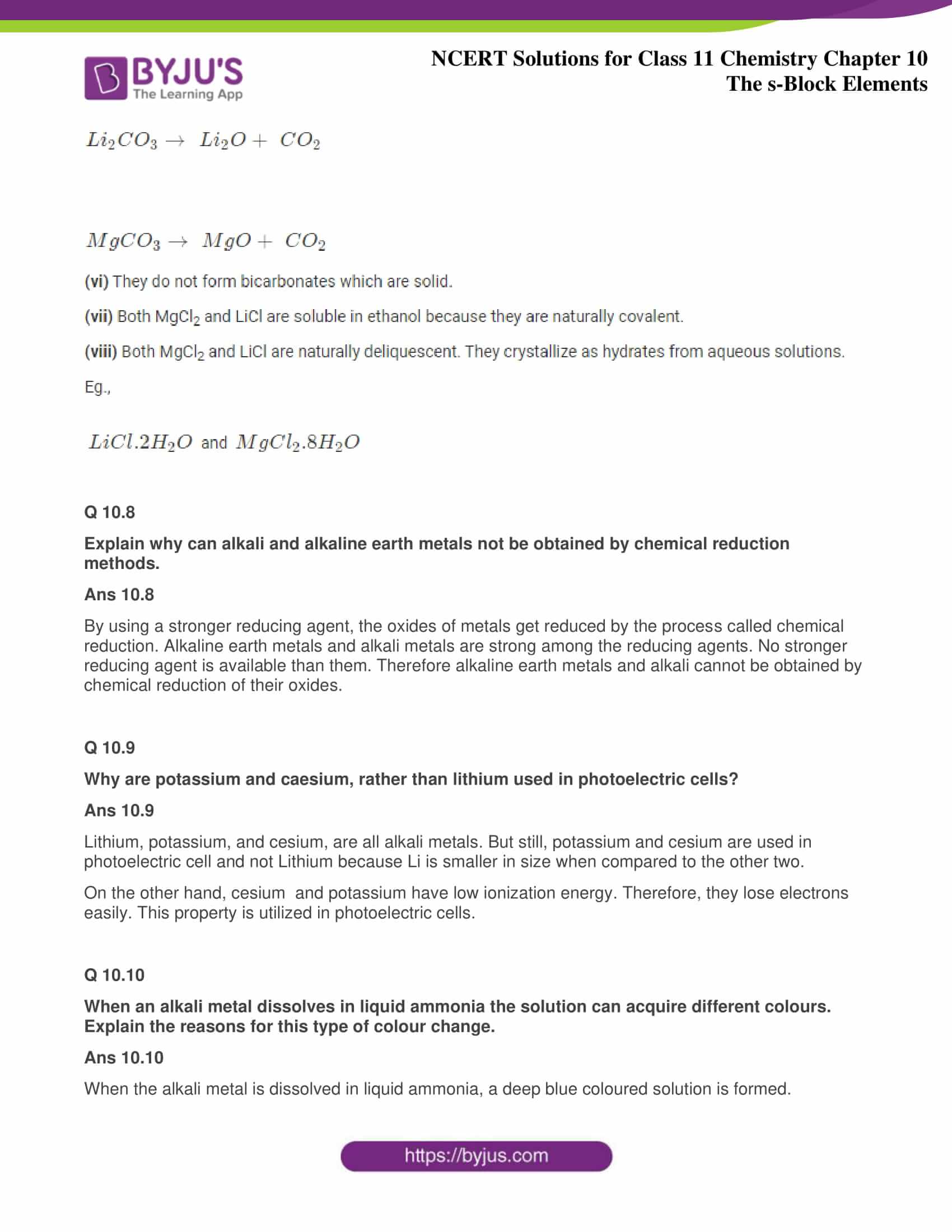 NCERT Solutions Class 11 Chemistry Chapter 10 The S Block Elements Free ...