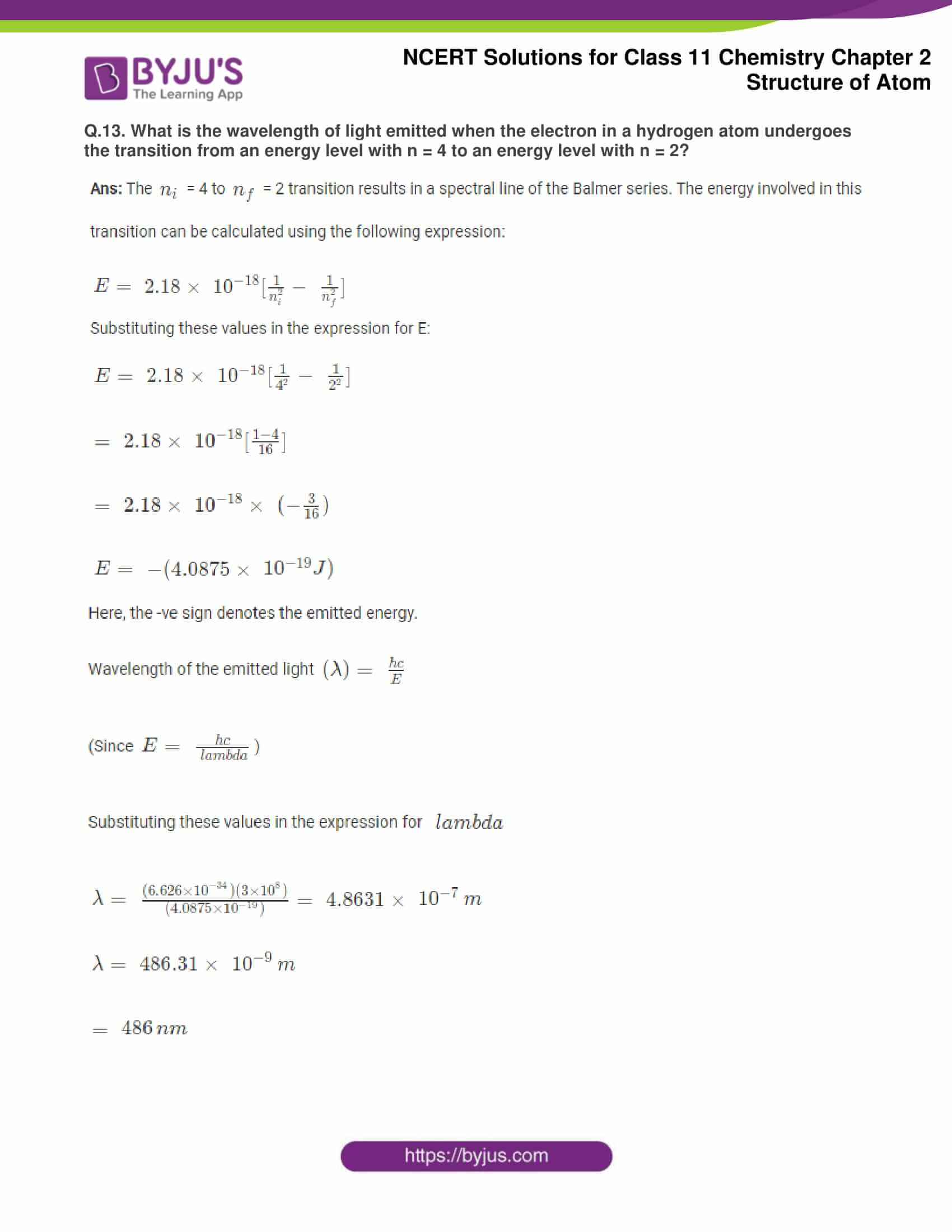 NCERT Solutions For Class 11 Chemistry Chapter 2 Structure Of Atom